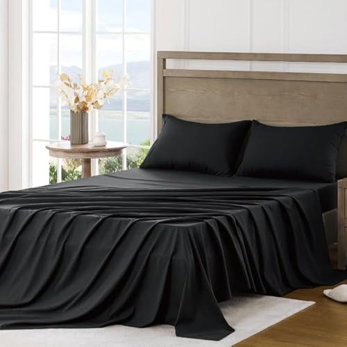 Queen Sheet Set 02 - Black 4-Piece Ultra Soft Brushedfiber Bedding ...