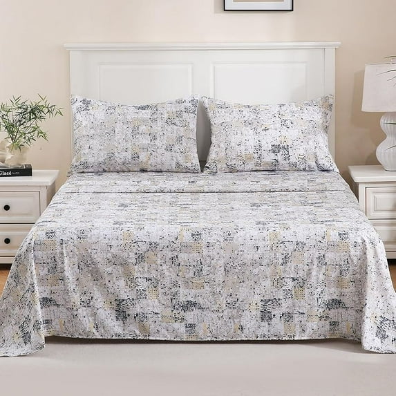 Queen Sheet Set 4 Pieces,Z-Taupe Plaid Ultra Soft & Breathable ...