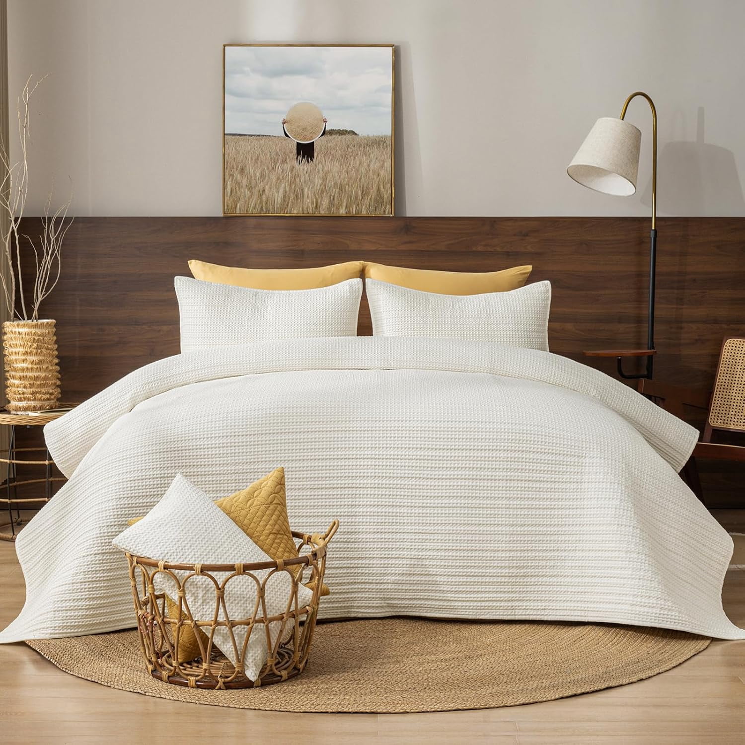 Queen Size 100% Washed Cotton Waffle Quilt Set, Lightweight Striped ...