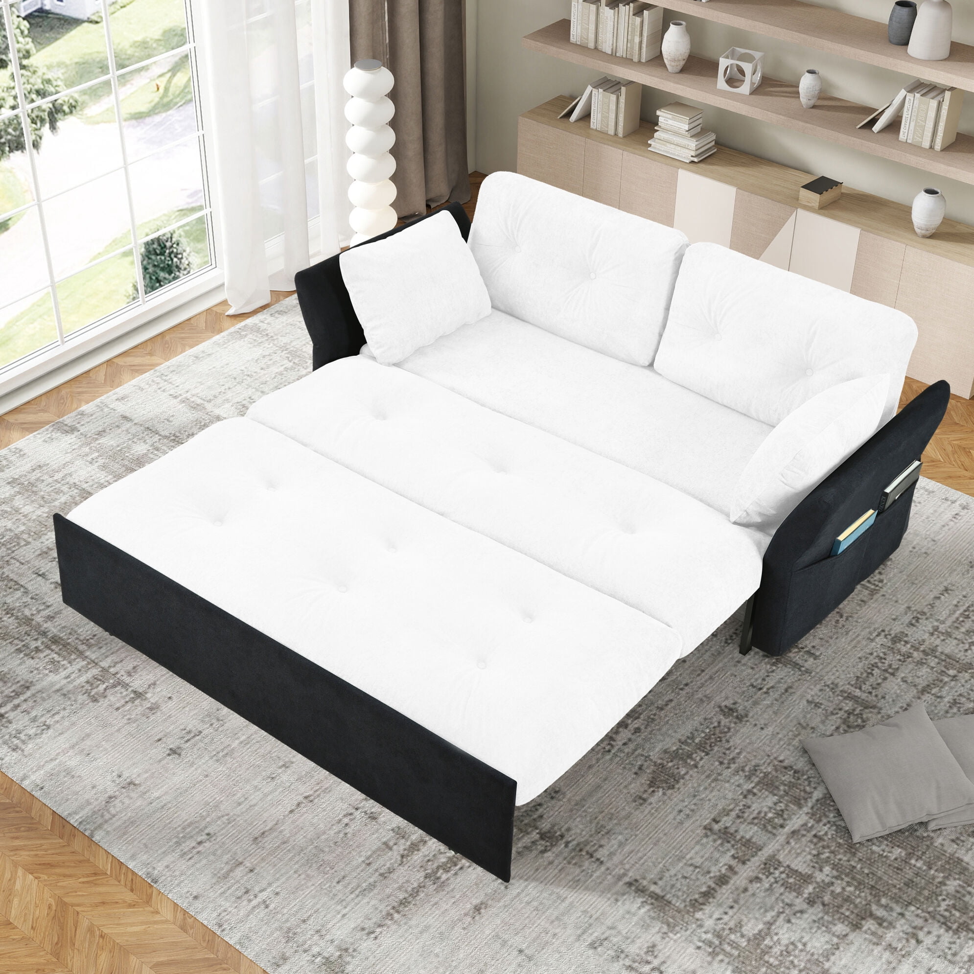 Queen Size 3-in-1 Convertible Sofa Bed with Thickened Cushions and Side ...