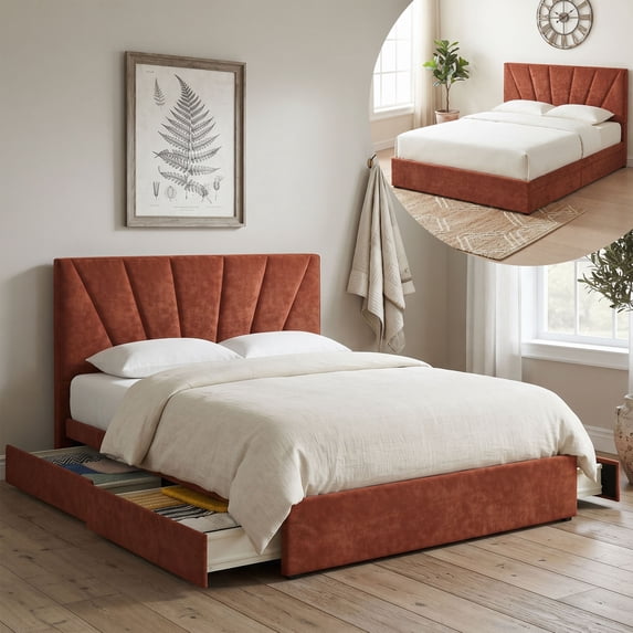 Queen‑Size 4‑Drawer Storage Bed Frame, High‑Resilience Sponge Headboard ...