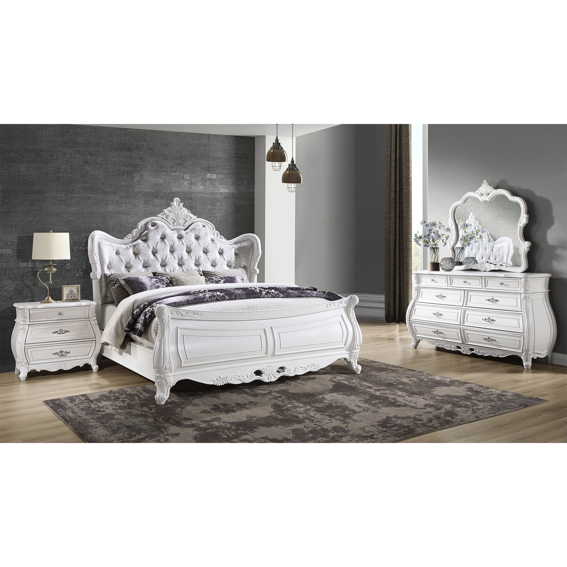 Queen Size 4-Piece Bedroom Setup | Tufted Bed and Carved Mirror | Wood ...