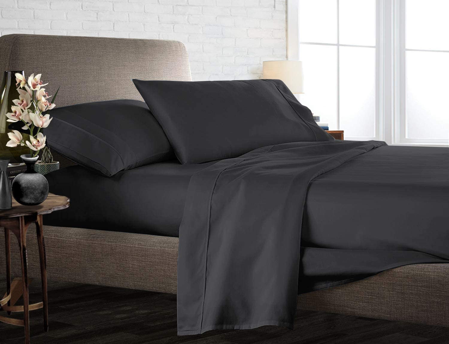 Queen Size 4Pcs Sheet Set - Dark Grey Solid Sateen Weave for Soft ...