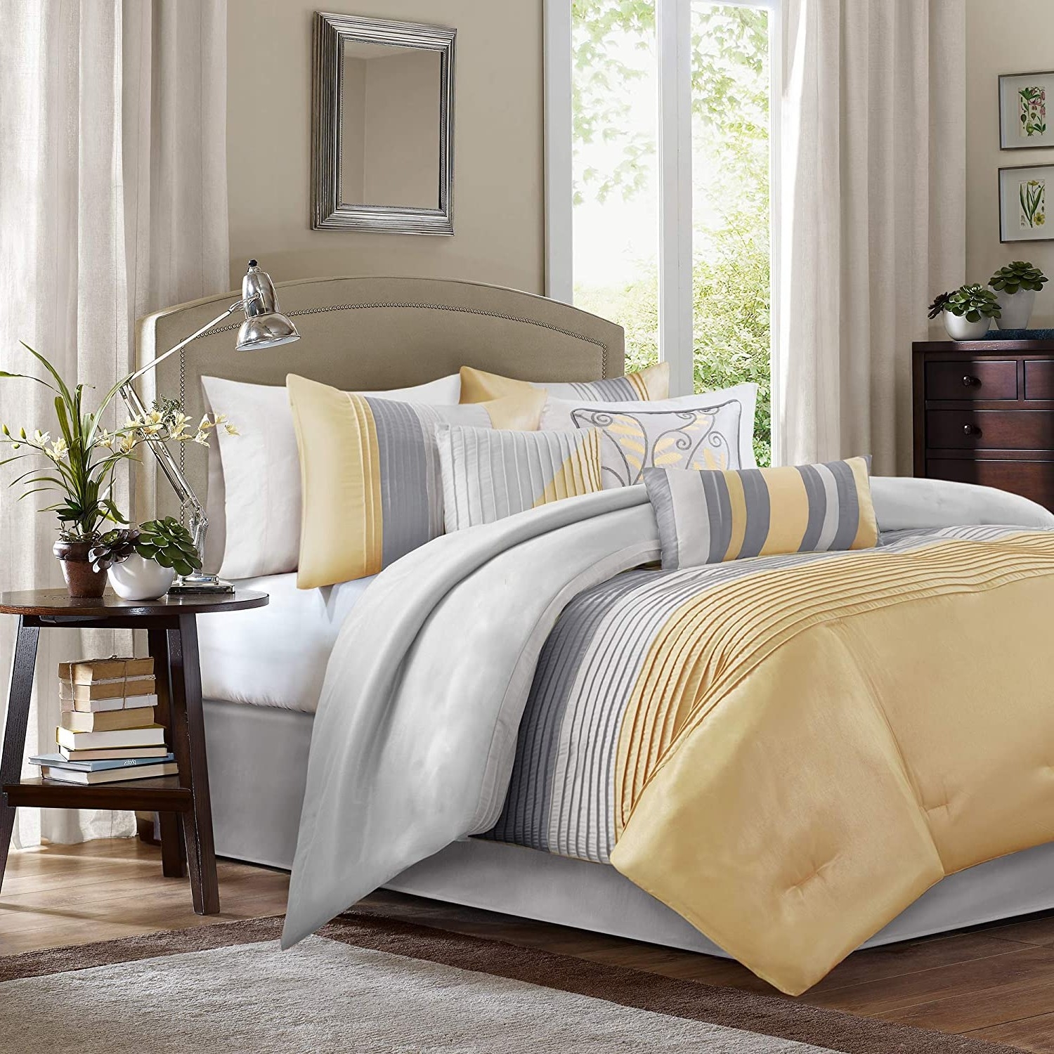 Queen Size 7 Piece Bed In A Bag Comforter Set Faux Silk Yellow Gray ...