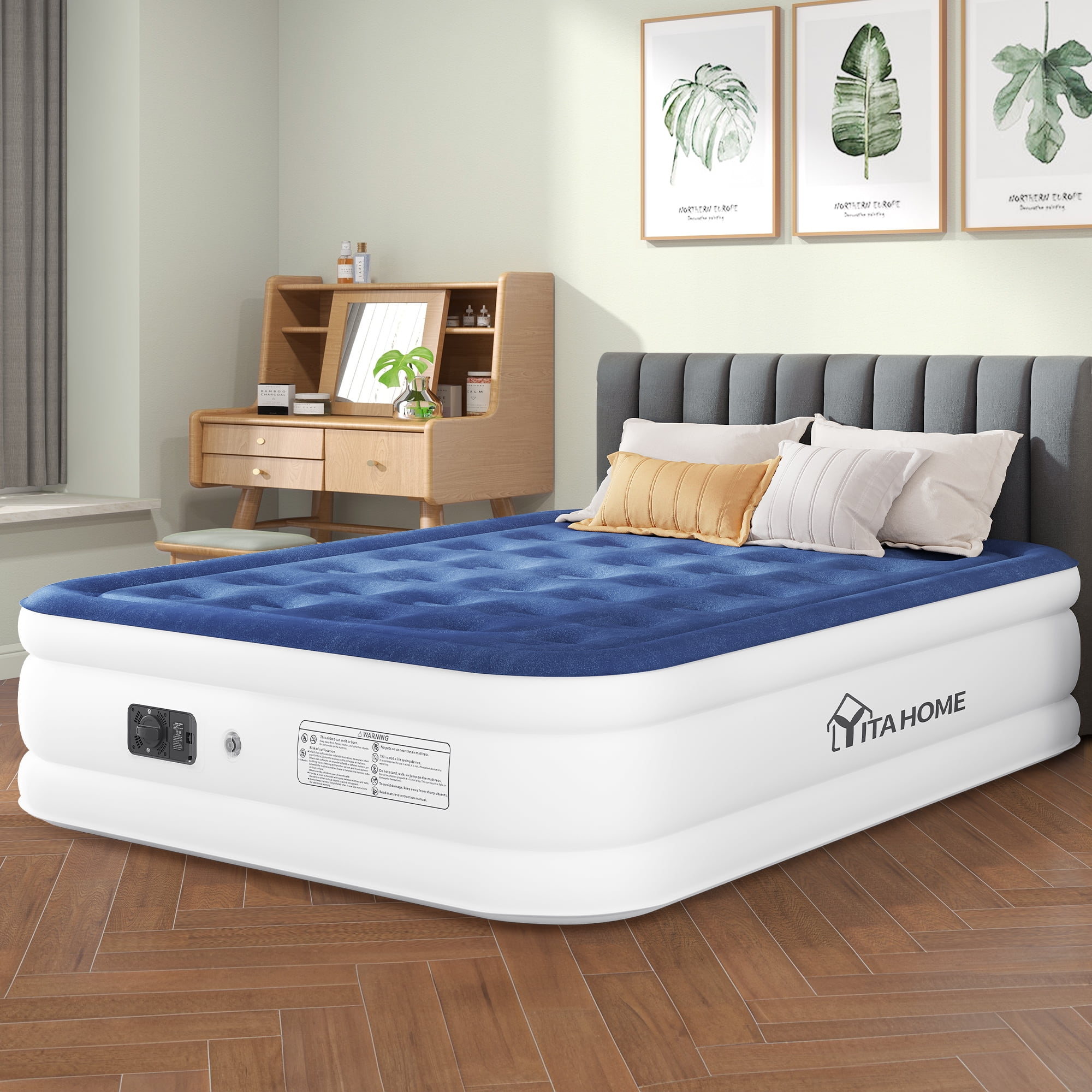 Queen Size Air Mattress with Headboard Camping Airbed w/Built-in Pump ...