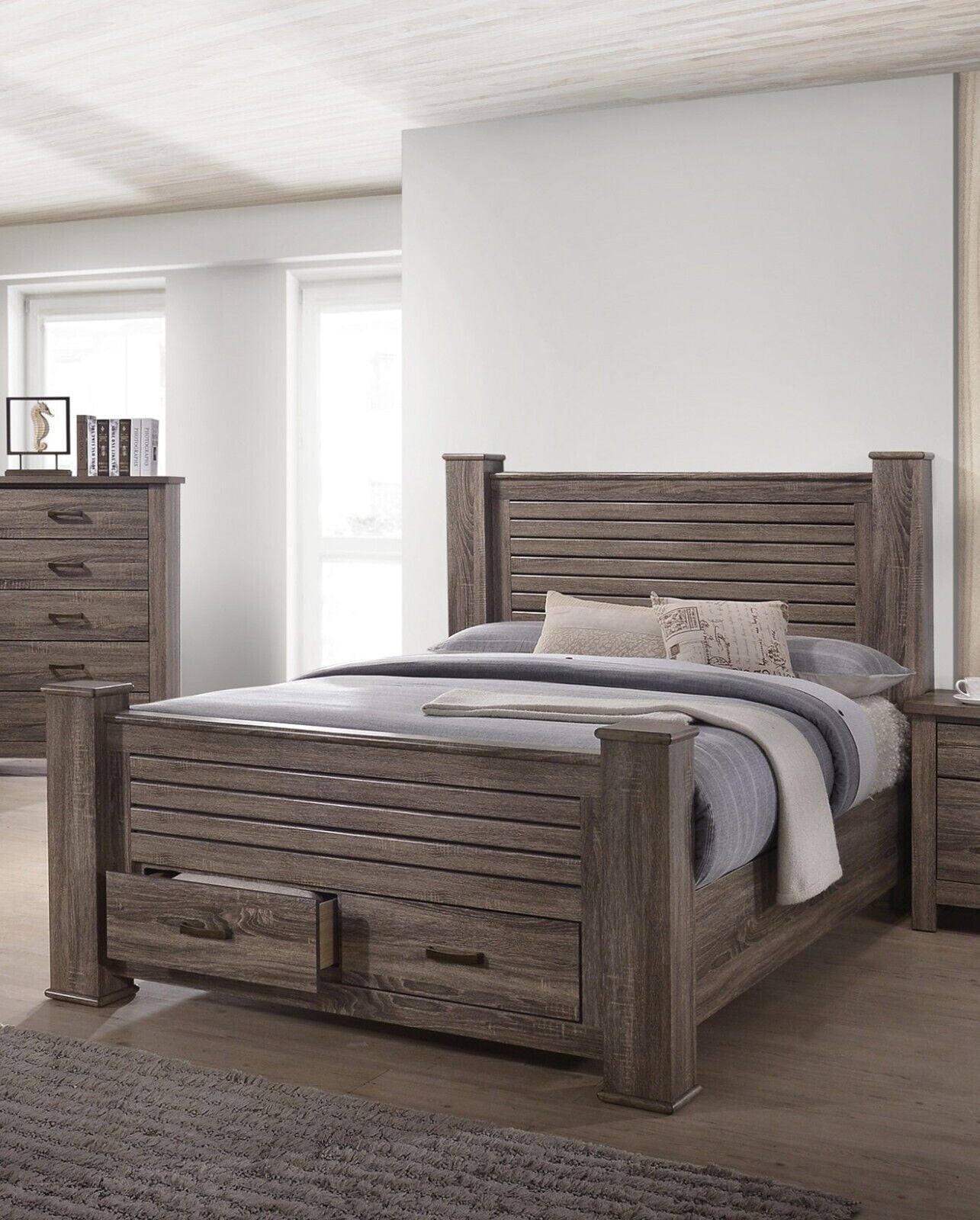 Queen Size Bed 1pc Bedroom Furniture Crafted Bed Headboard Footboard Storage Drawers Wooden ...