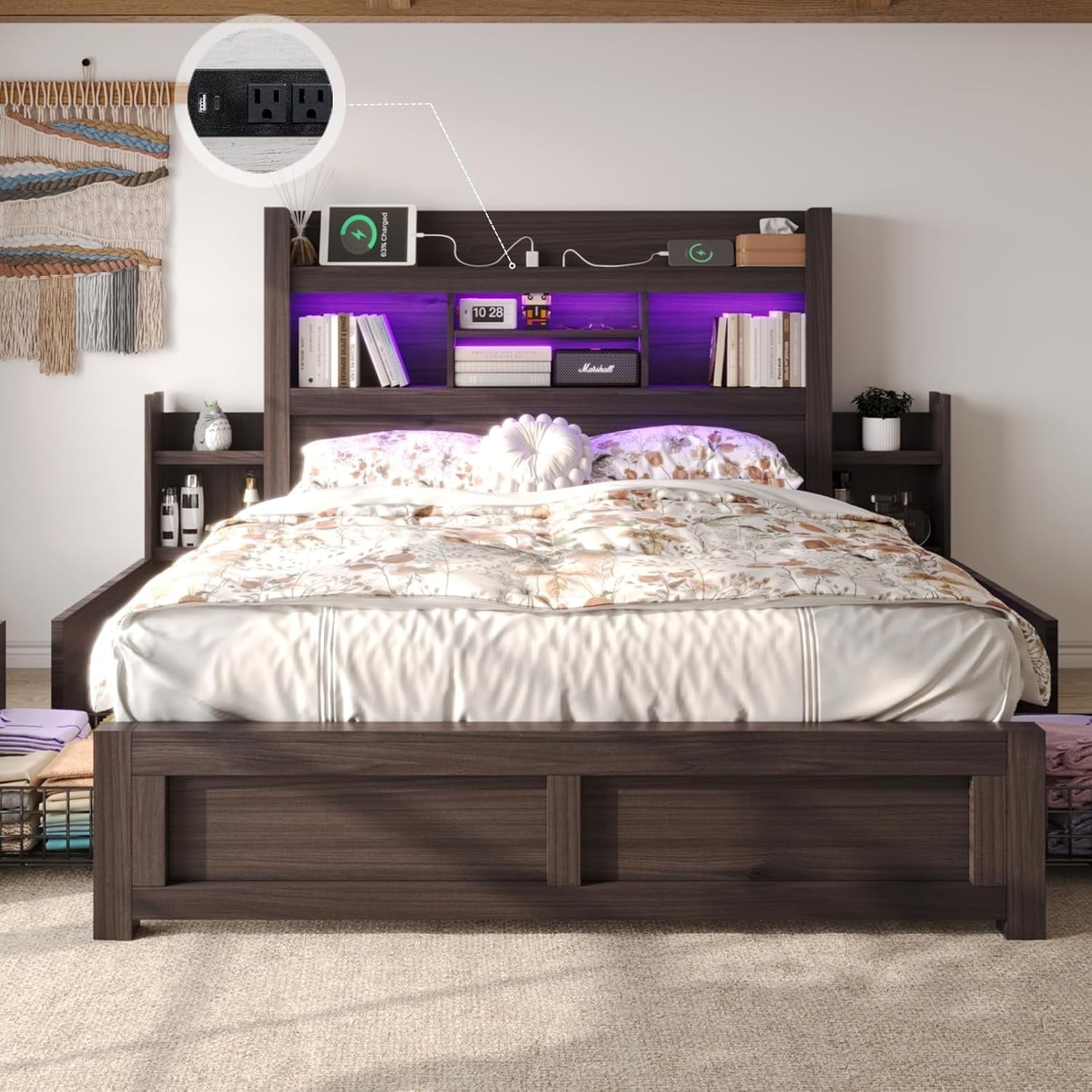 Queen Size Bed with 49.6" Bookcase Headboard, Dual Side Storage Racks ...