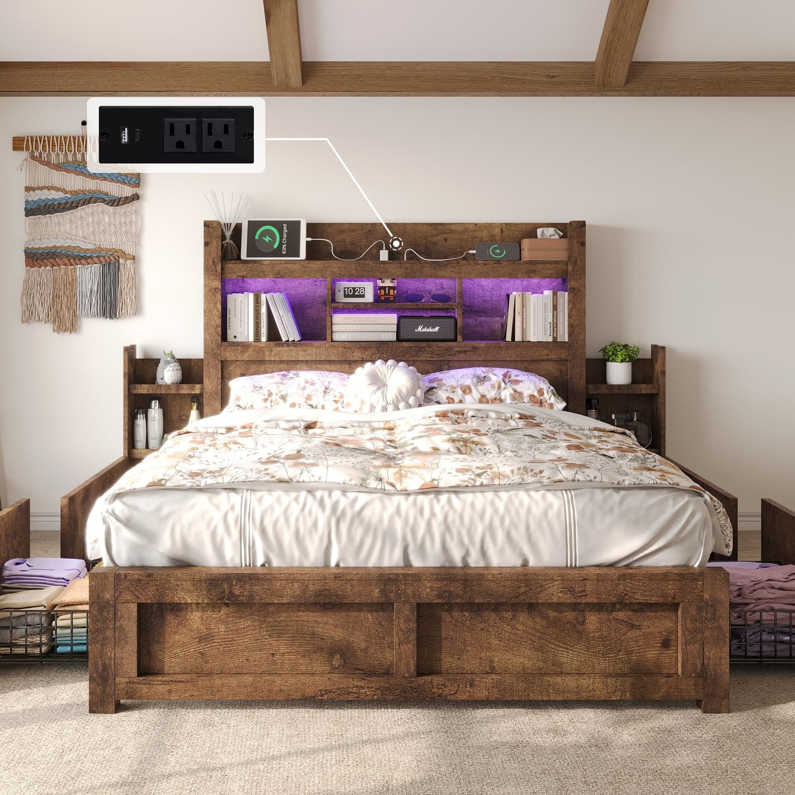 VanAcc Queen Size Bed with 49.6" Bookcase Headboard, Dual Side Storage ...