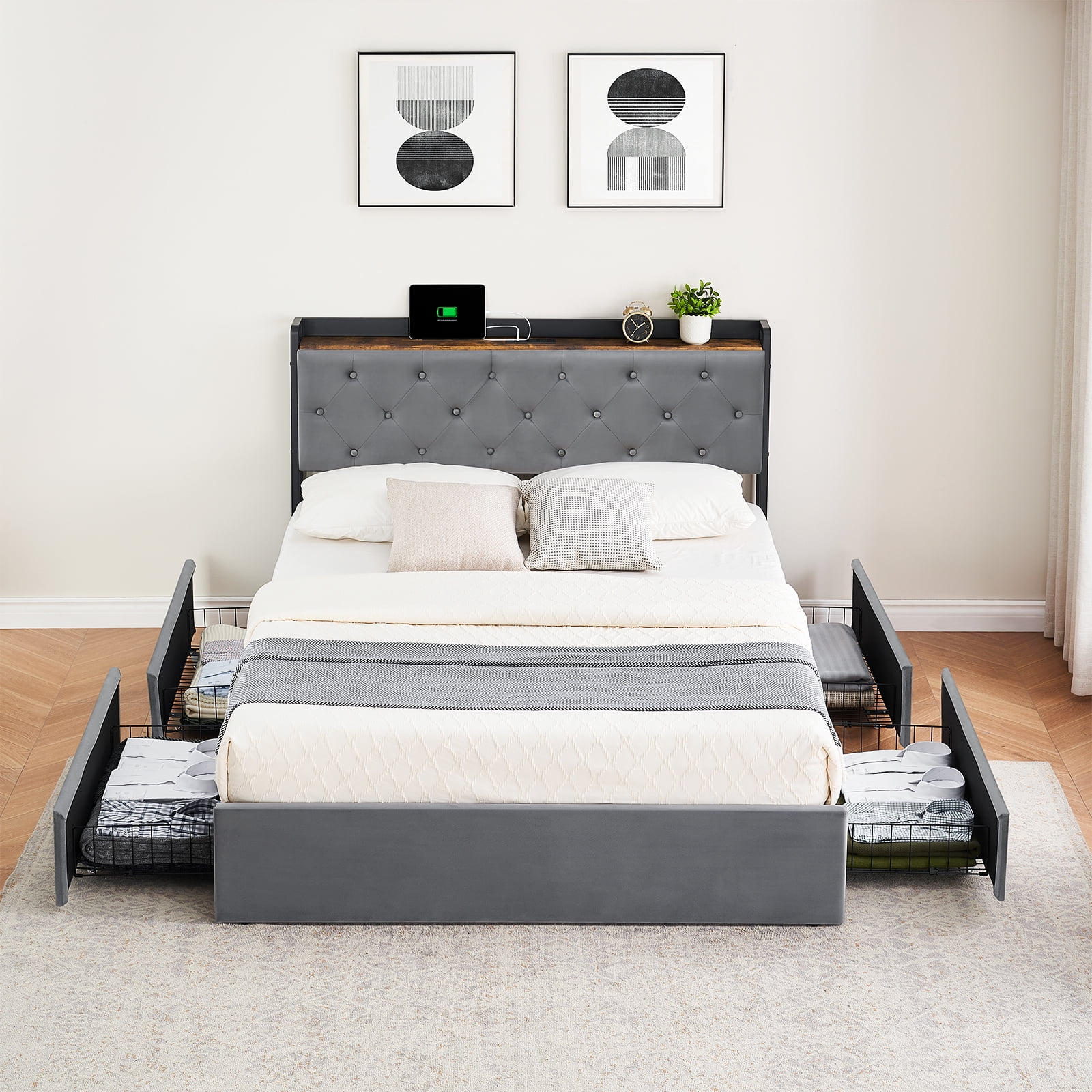 Queen Size Bed Frame with Adjustable Headboard, Storage Drawers, USB ...
