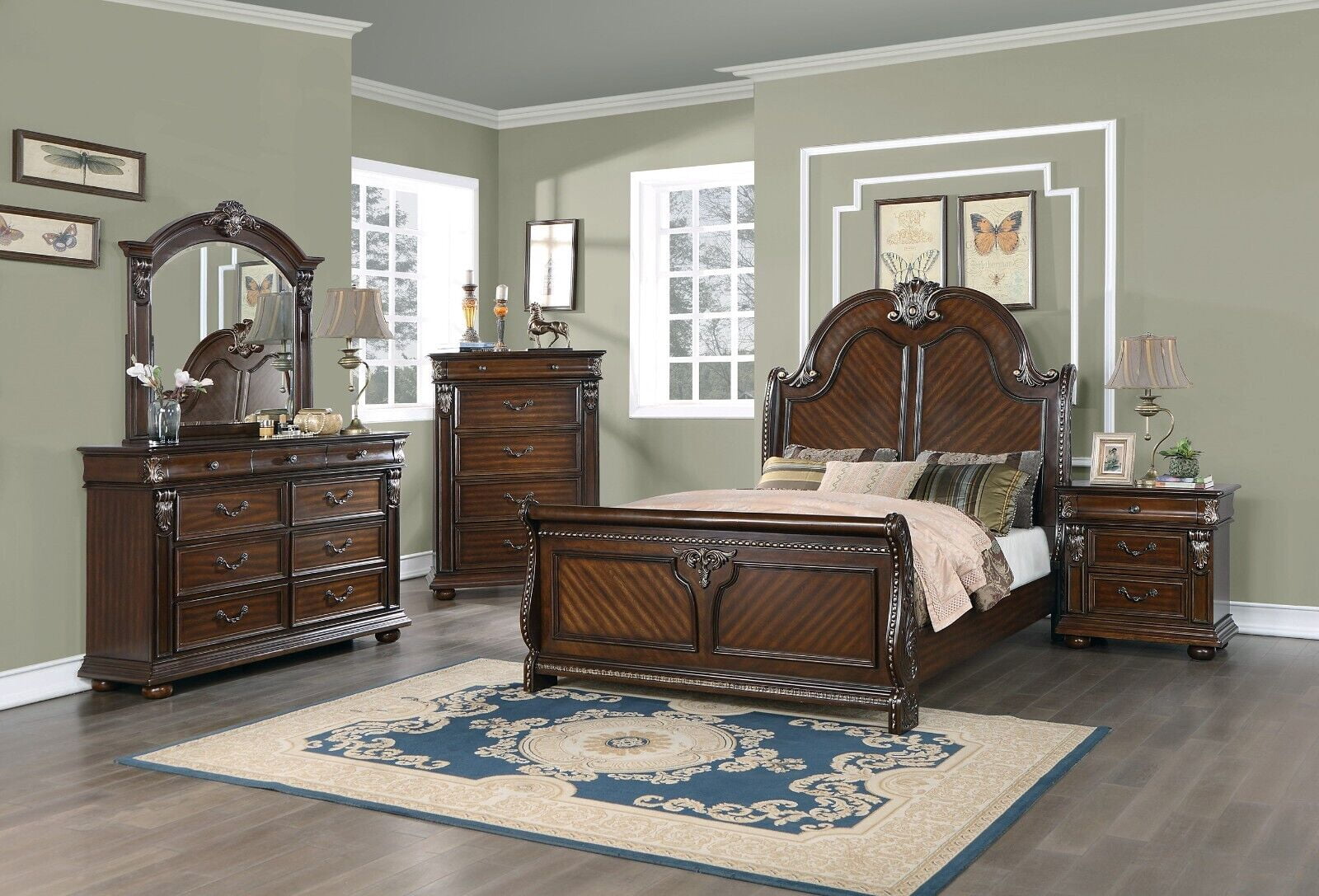 Queen Size Bed Dresser Mirror 2x Nightstands Chest 6pc Bedroom ...