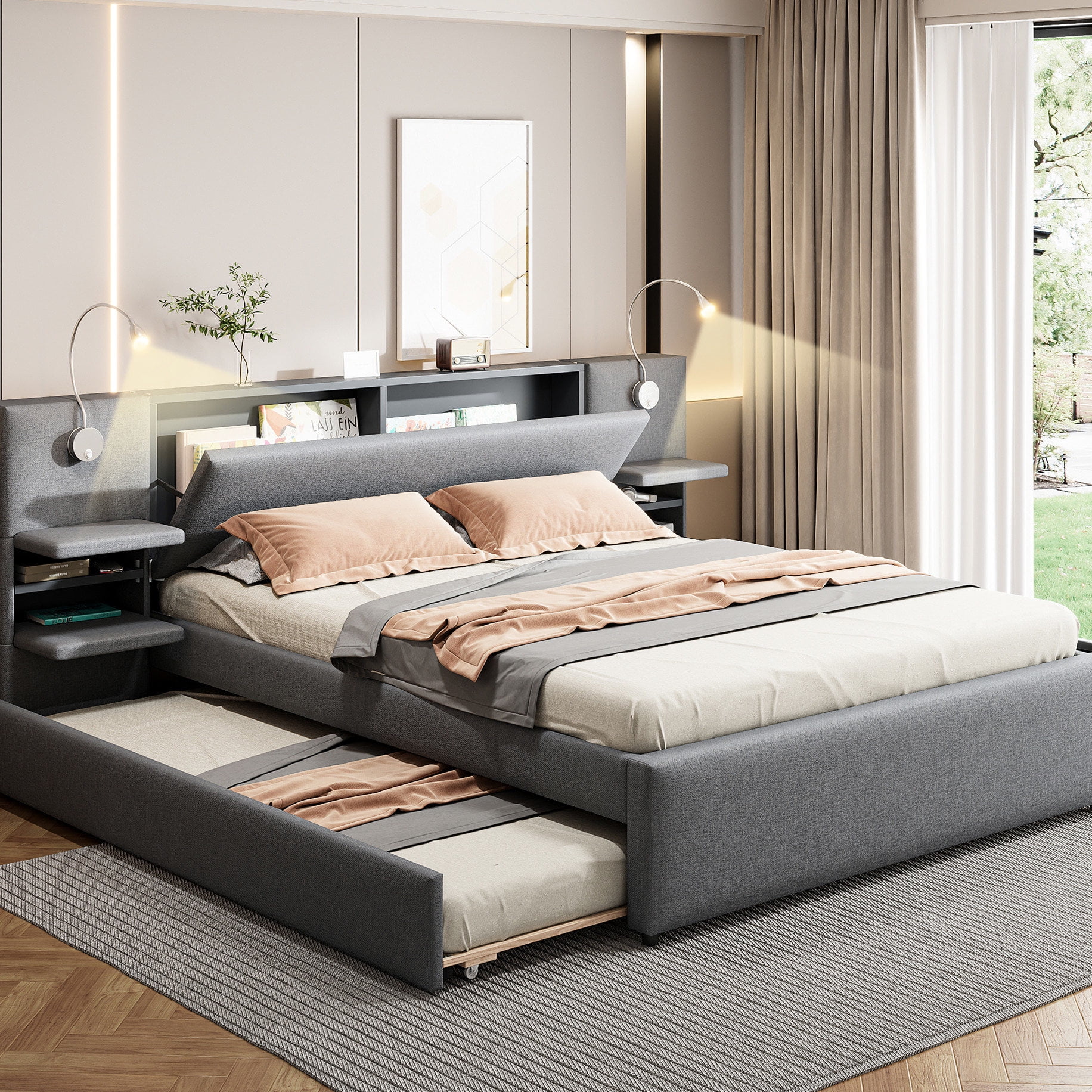 Queen Size Bed | Flip-up Storage, Adjustable Lights | Bedroom Storage ...