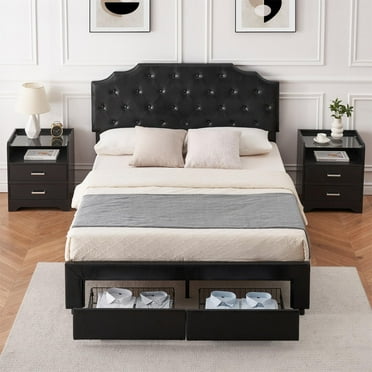 Dextrus Upholstered Queen Bed Frame with Storage, Headboard, 2 USB ...
