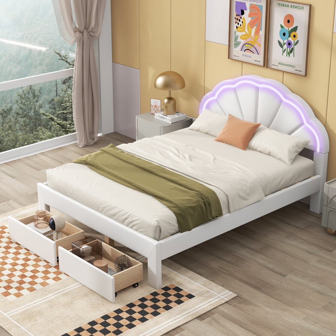 Queen Size Bed Frame with 2 Storage Drawers and Seashell Headboard ...