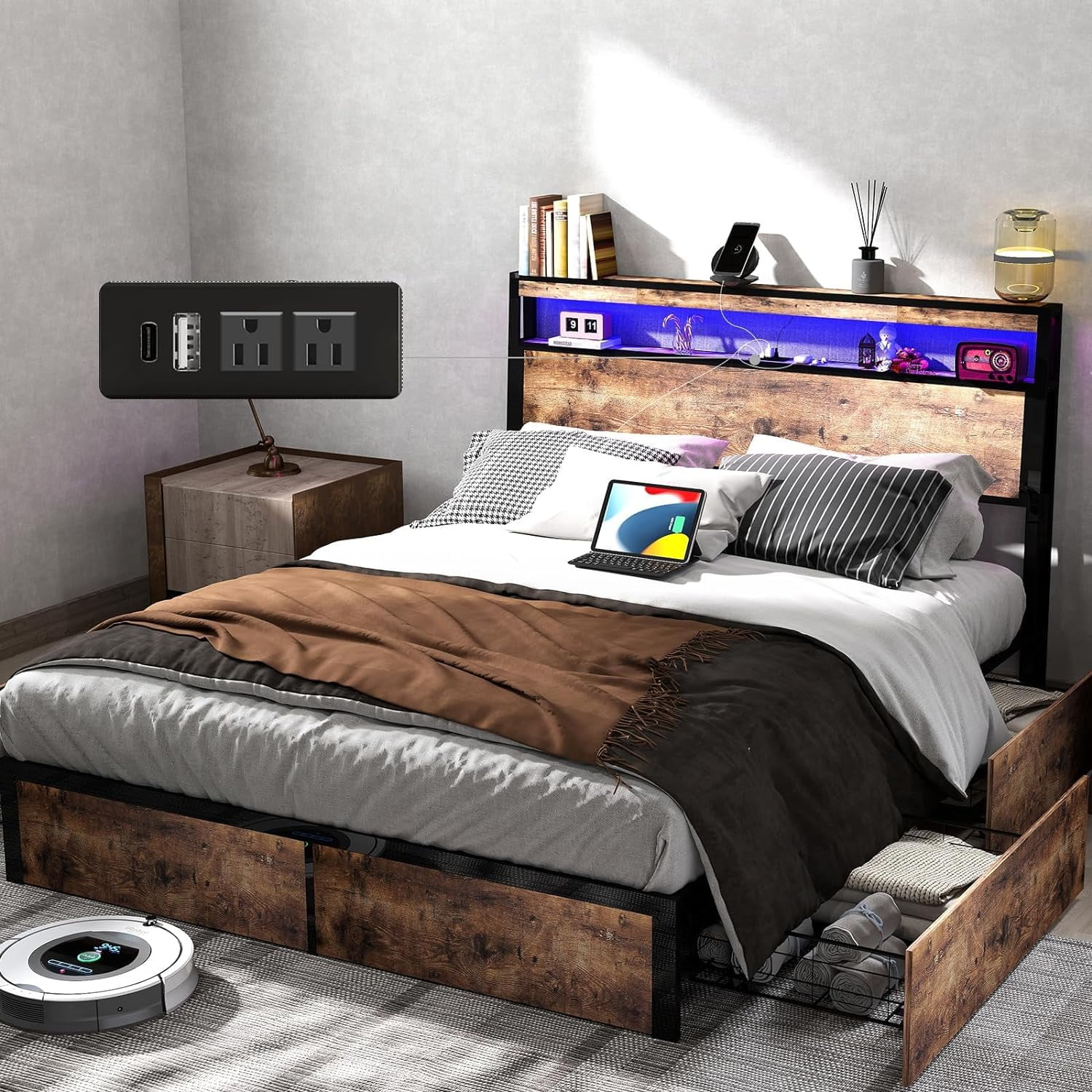 Queen Size Bed Frame with 2-Tier Storage Headboard with Charging ...