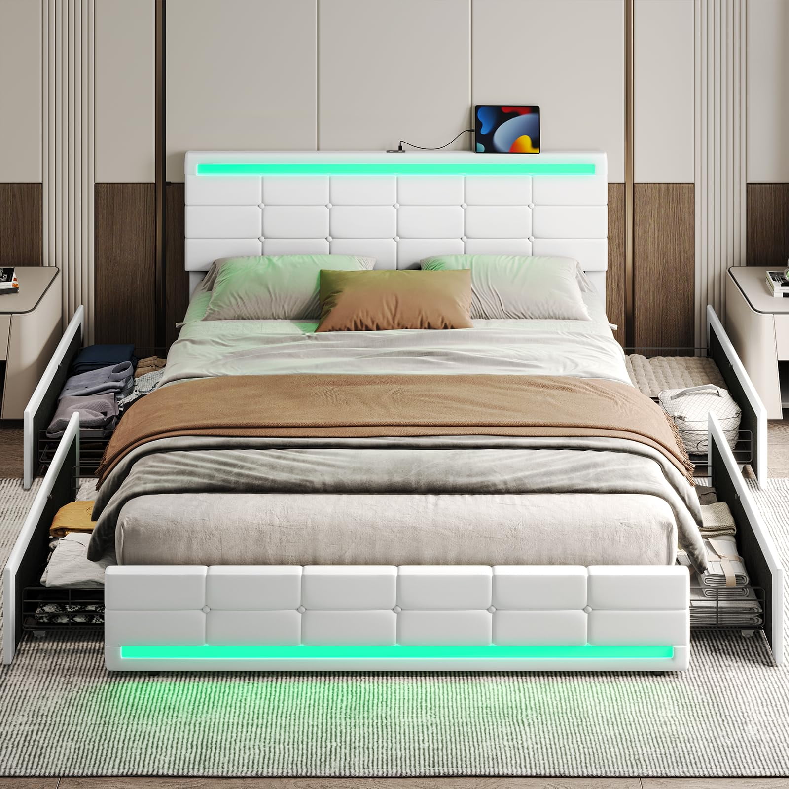 Walmart Queen Size Modern Bed Frame with Storage, 2 USB Ports, LED Lights, 4 Drawers, No Box ...