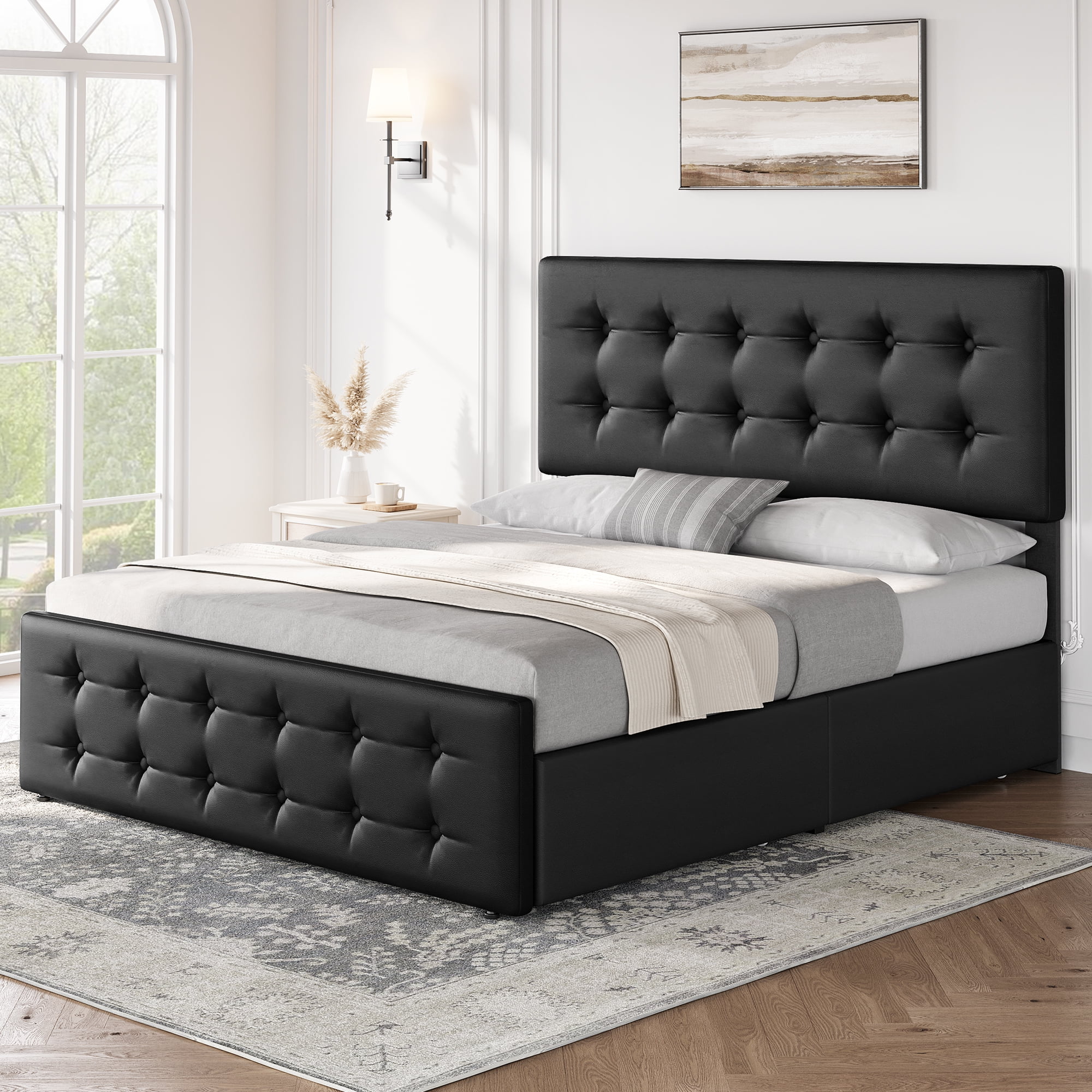Queen Size Bed Frame with 4 Storage Drawers and Adjustable Headboard ...