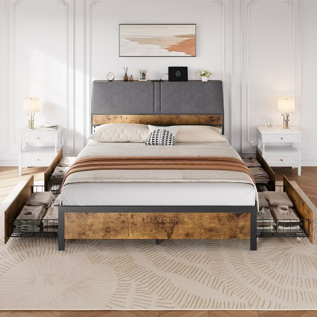 Queen Size Bed Frame with 4 Storage Drawers & Charging Station ...