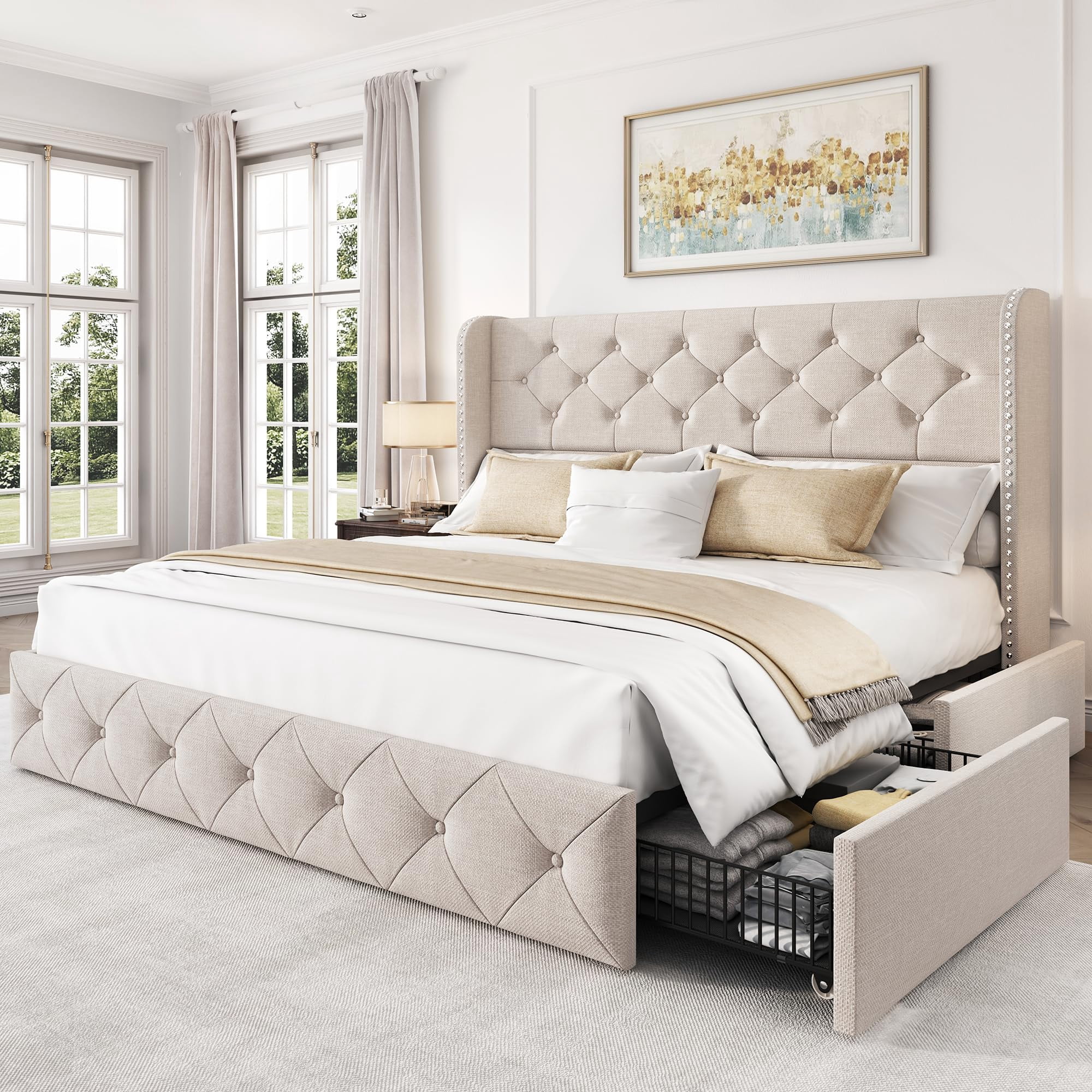 Queen Size Bed Frame with 4 Storage Drawers and Tufted Headboard Linen ...