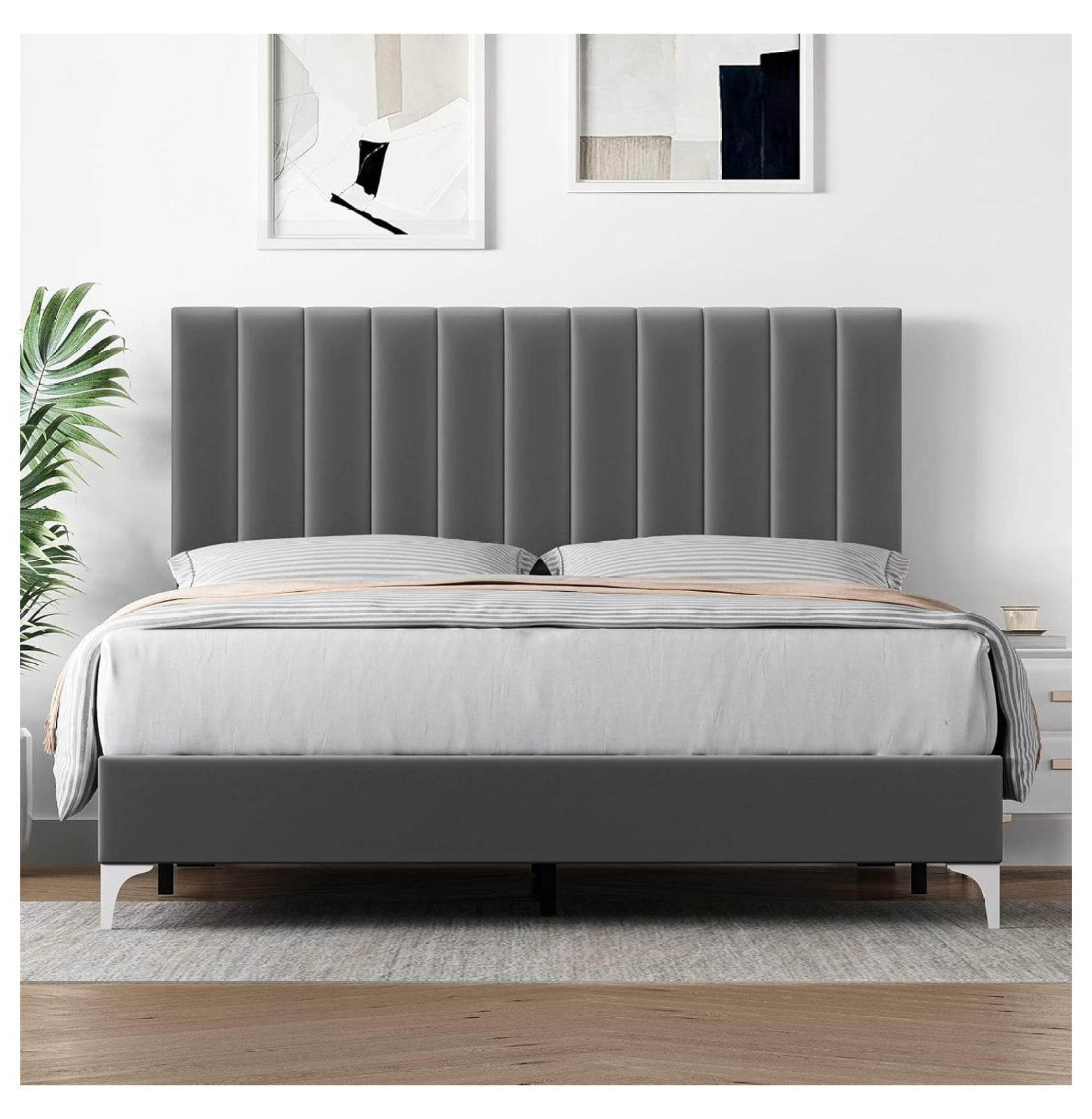Queen Size Bed Frame with Adjustable Headboard, Velvet Upholstered ...