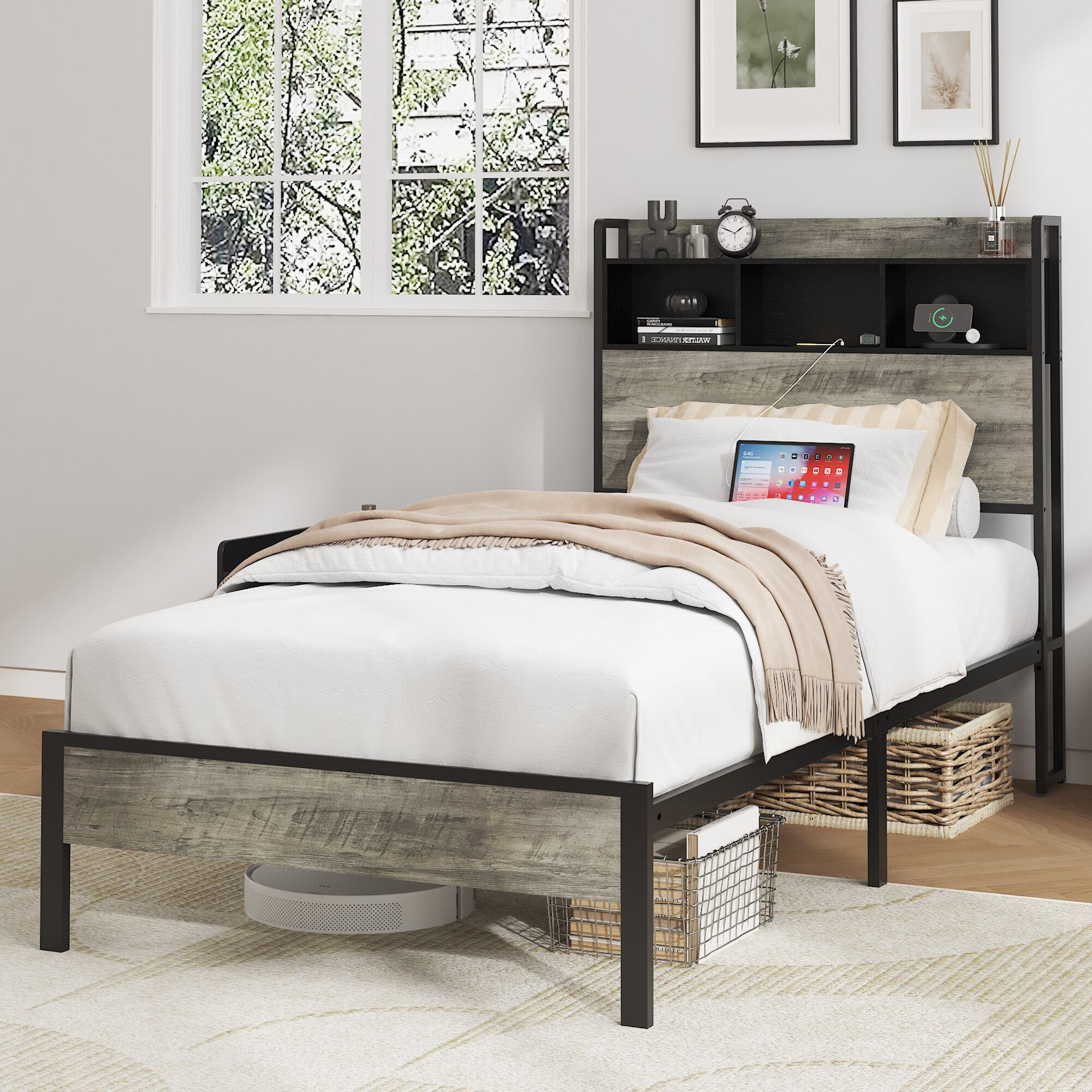 Bed frame single bed type, with storage space at the head of the bed ...