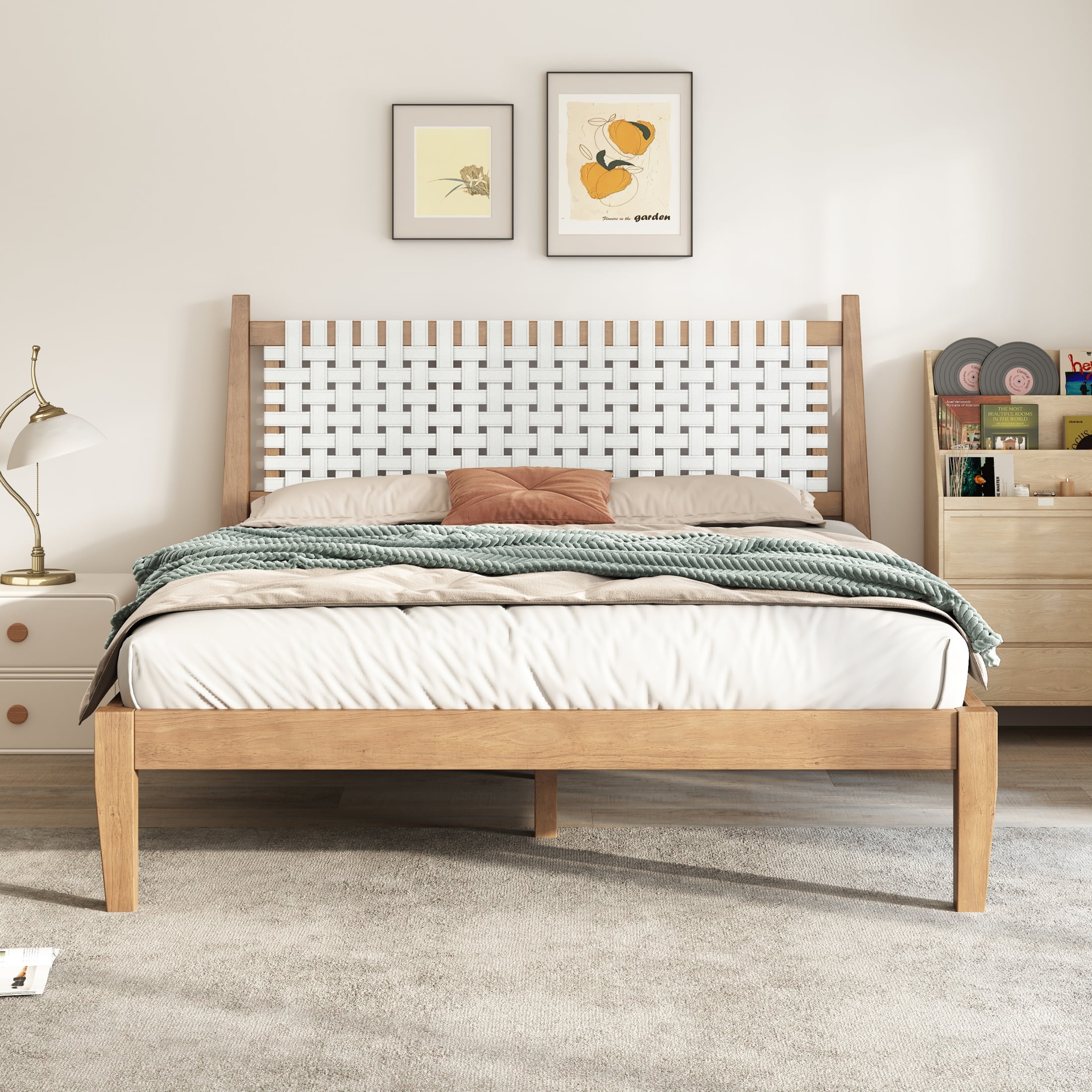 Queen Size Bed Frame,Boho Platform Bed with Woven Headboard for Bedroom ...
