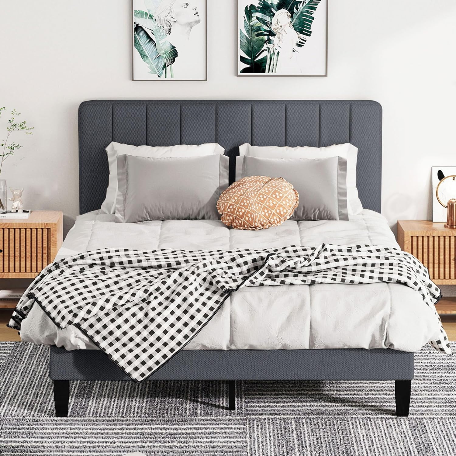 Queen Size Bed Frame with Fabric Upholstered Platform Bed and Wooden ...