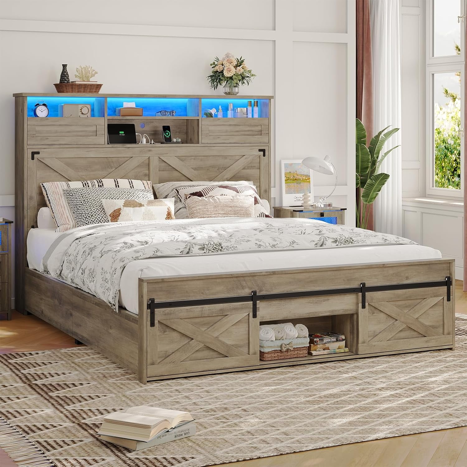Queen Size Bed Frame Farmhouse Platform Bed with LED Lights and Charging Station, Queen Bed ...