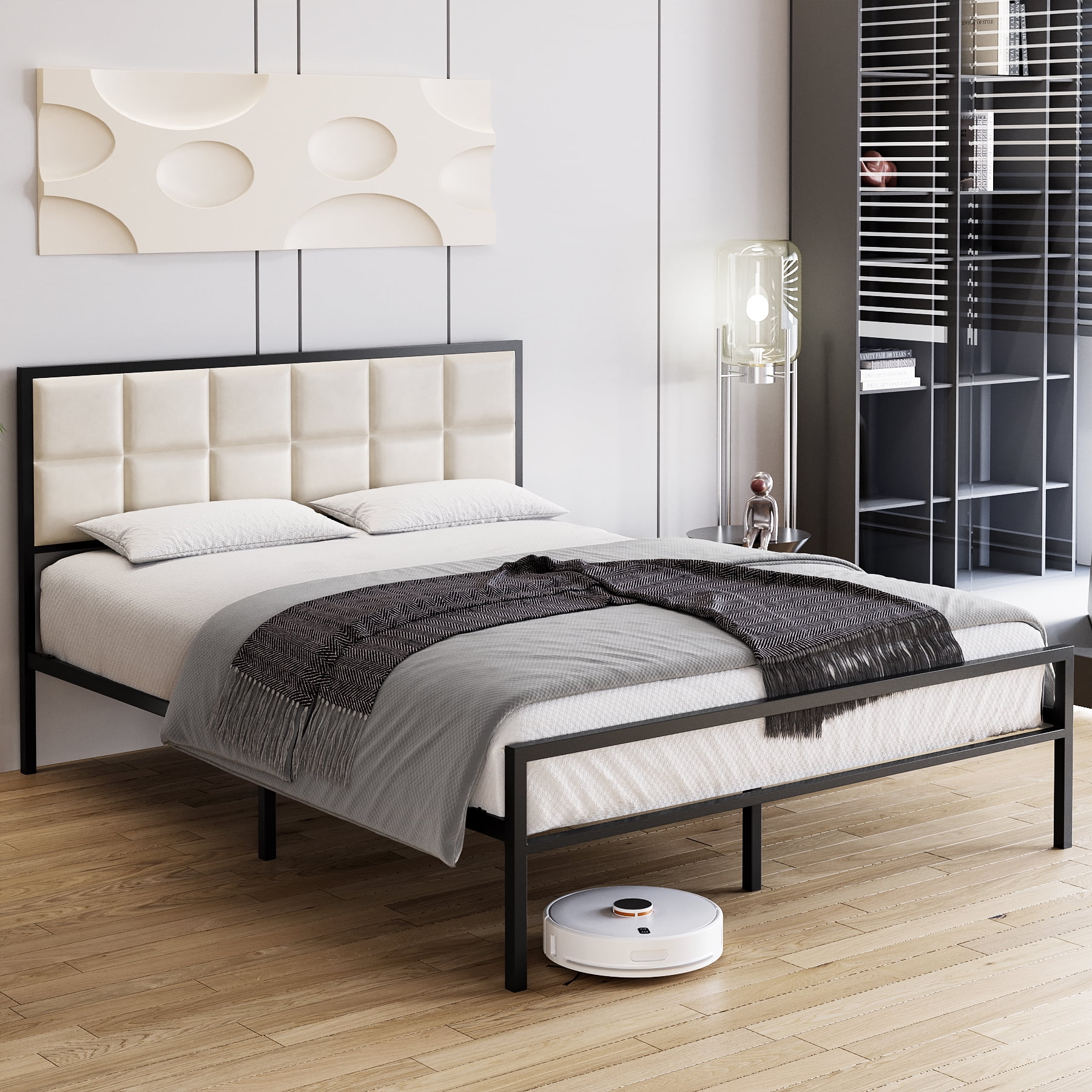 Queen Size Bed Frame, Faux Leather Platform Bed Frame with Upholstered ...