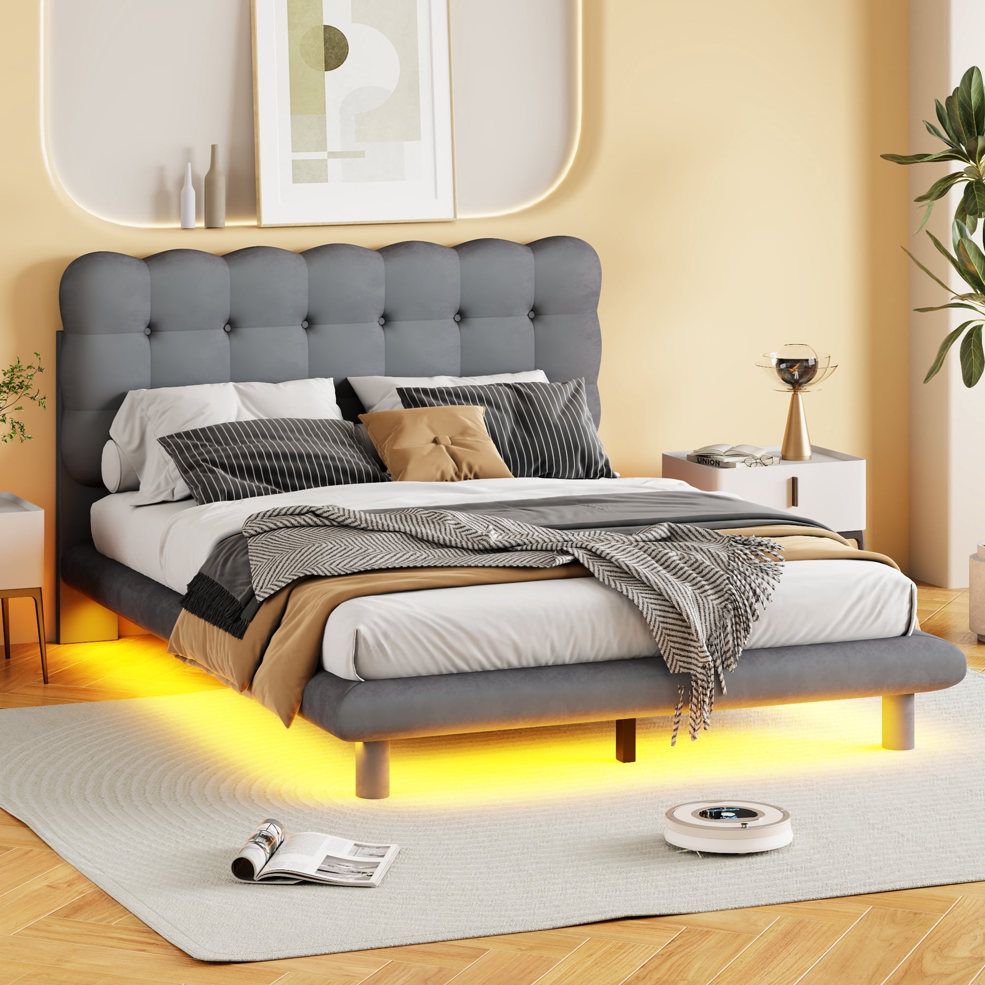 Queen Size Bed Frame Full Size Velvet Platform Bed with LED Frame ...