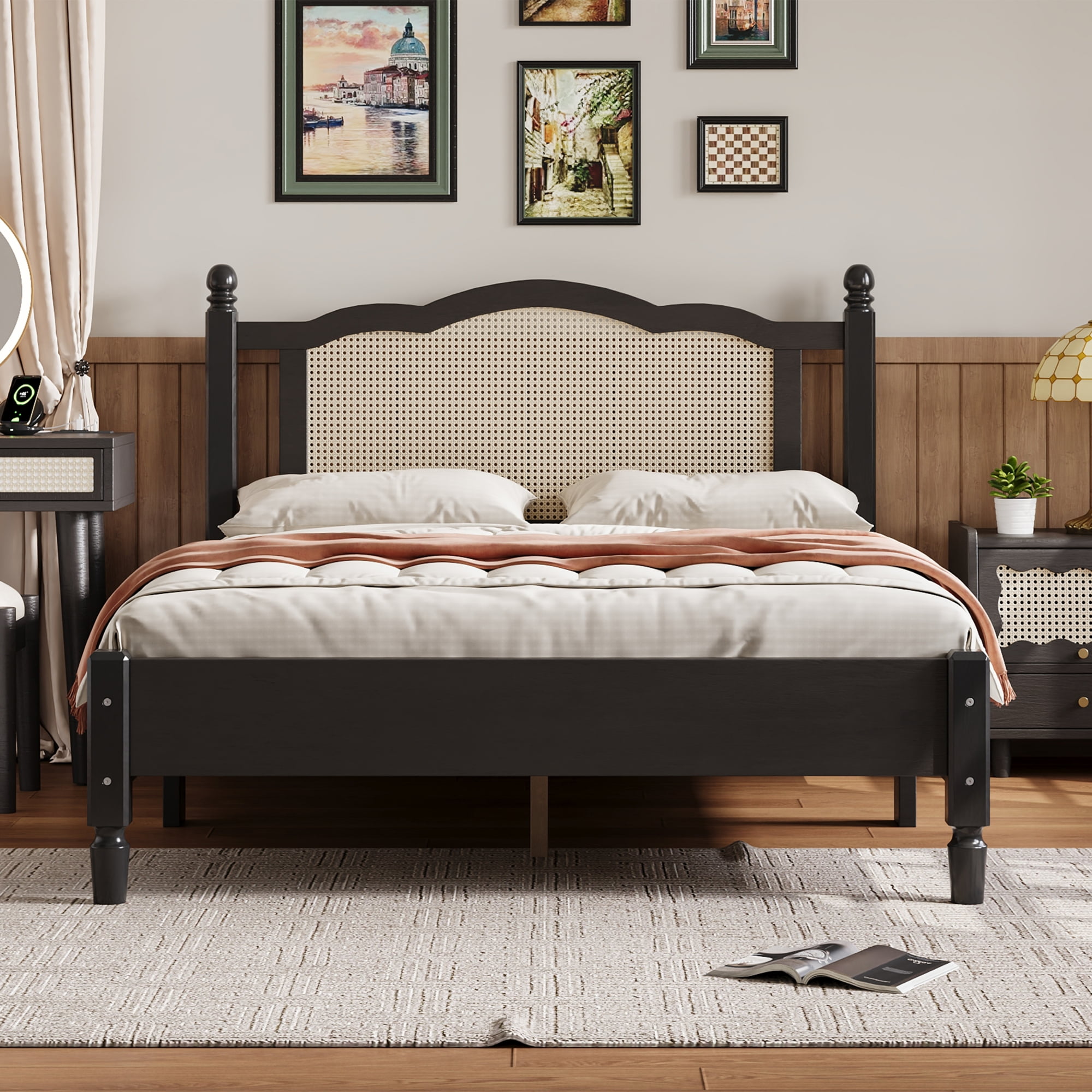 Queen Size Bed Frame Full Size Wooden Platform Bed with Natural Rattan ...