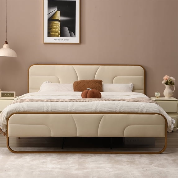 Queen Size Bed Frame, Golden Metal Platform Bed Frame with Velvet ...
