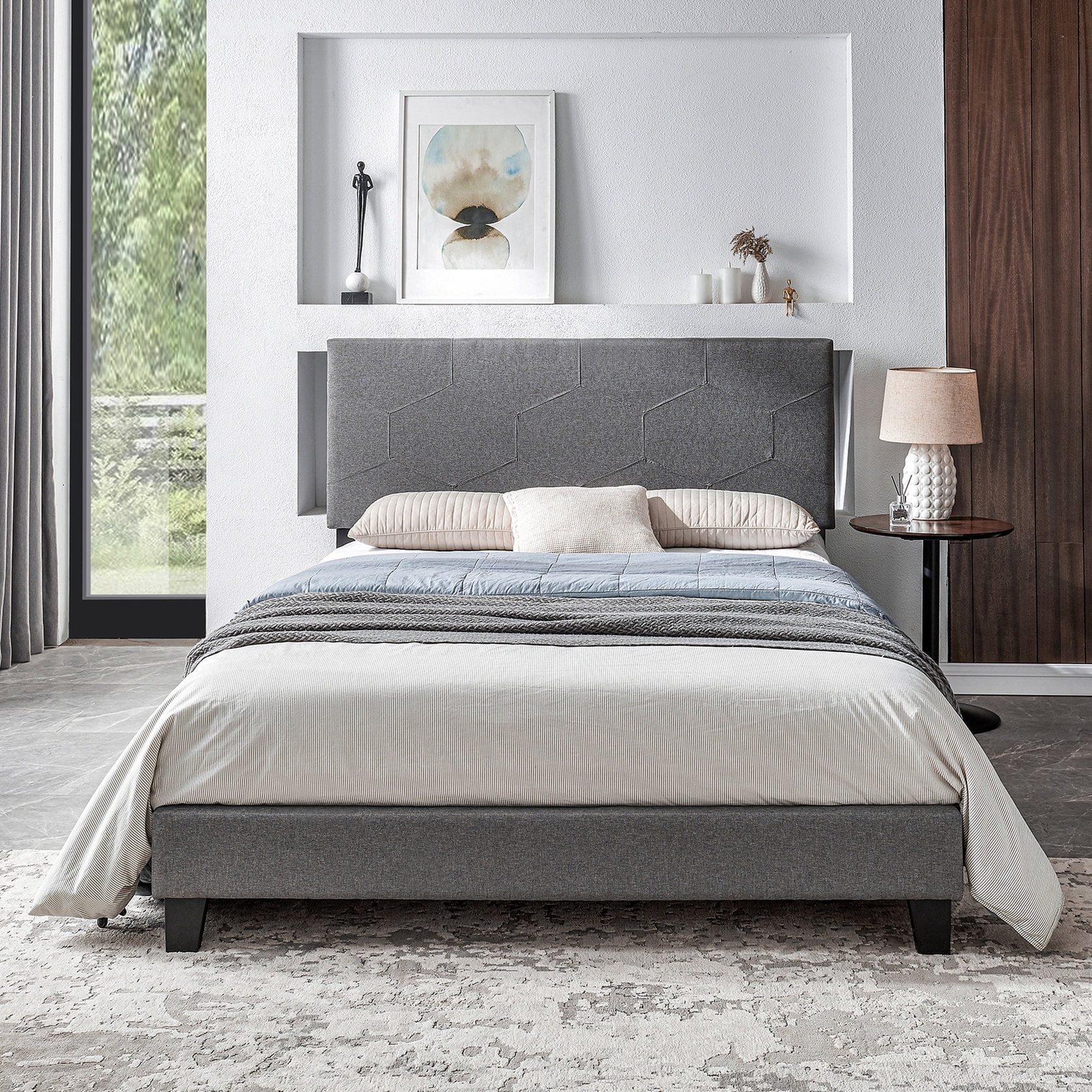 Queen Size Bed Frame, Grey Upholstered Platform with Wood Slat | Modern ...
