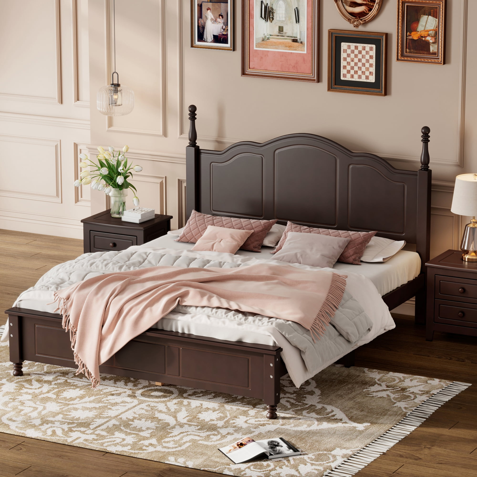 Queen Size Bed Frame with Headboard, No Box Spring Needed, Walnut ...
