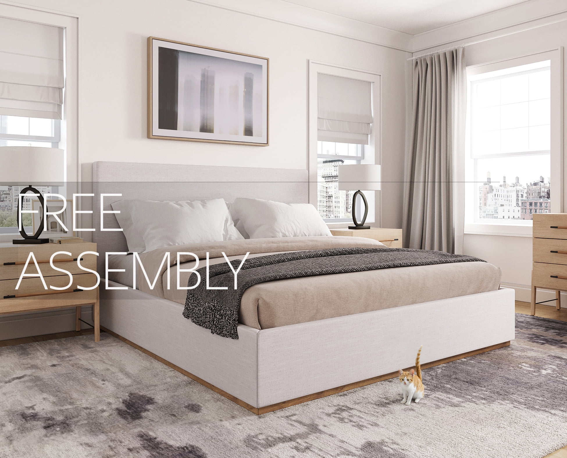 Queen Size Bed Frame with Headboard - Free Assembly, Upholstered ...