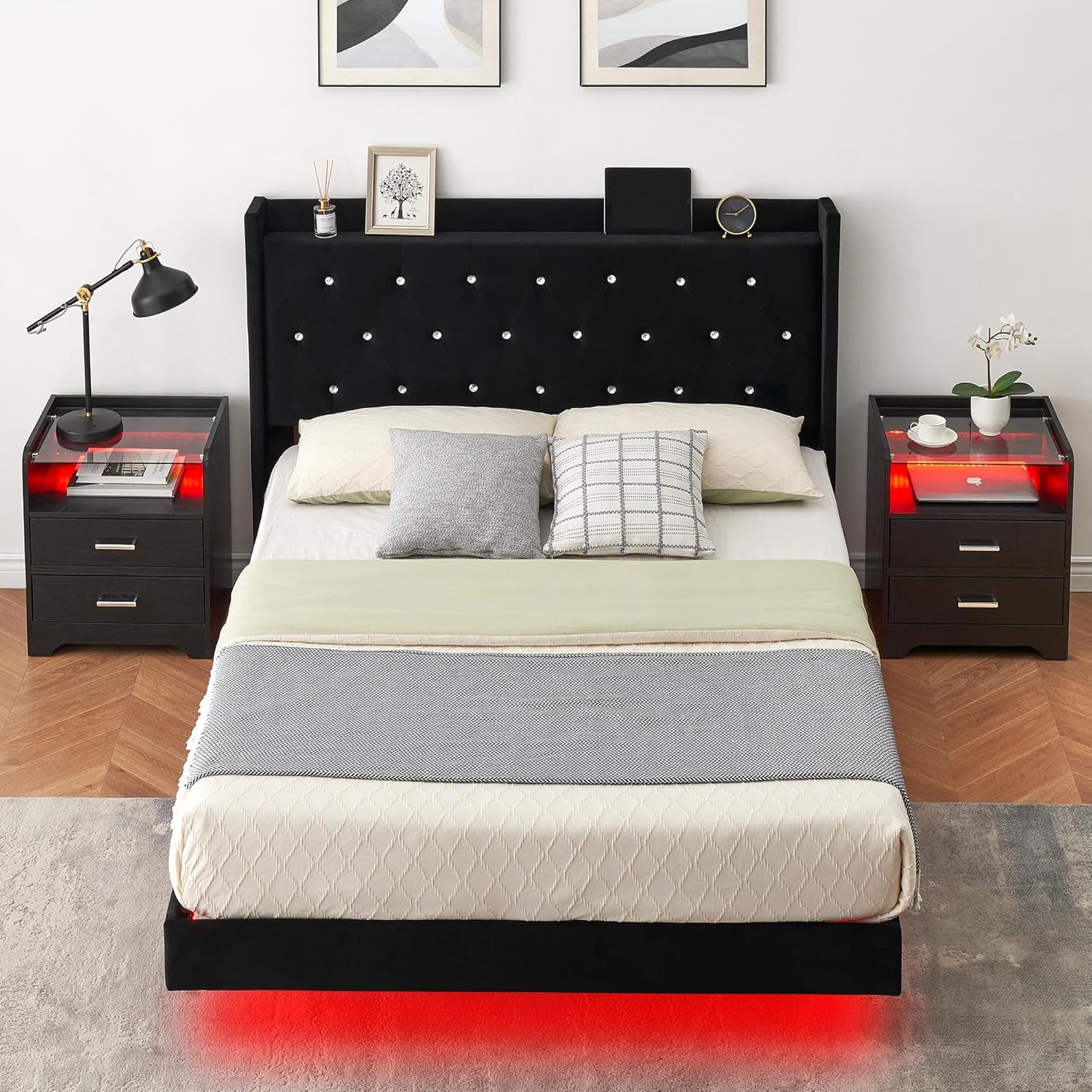 Queen Size Bed Frame with Headboard and LED Lights Black Floating Bed ...
