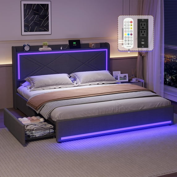 Queen Bed Frame with Headboard, USB Charging, Storage Drawers, LED ...