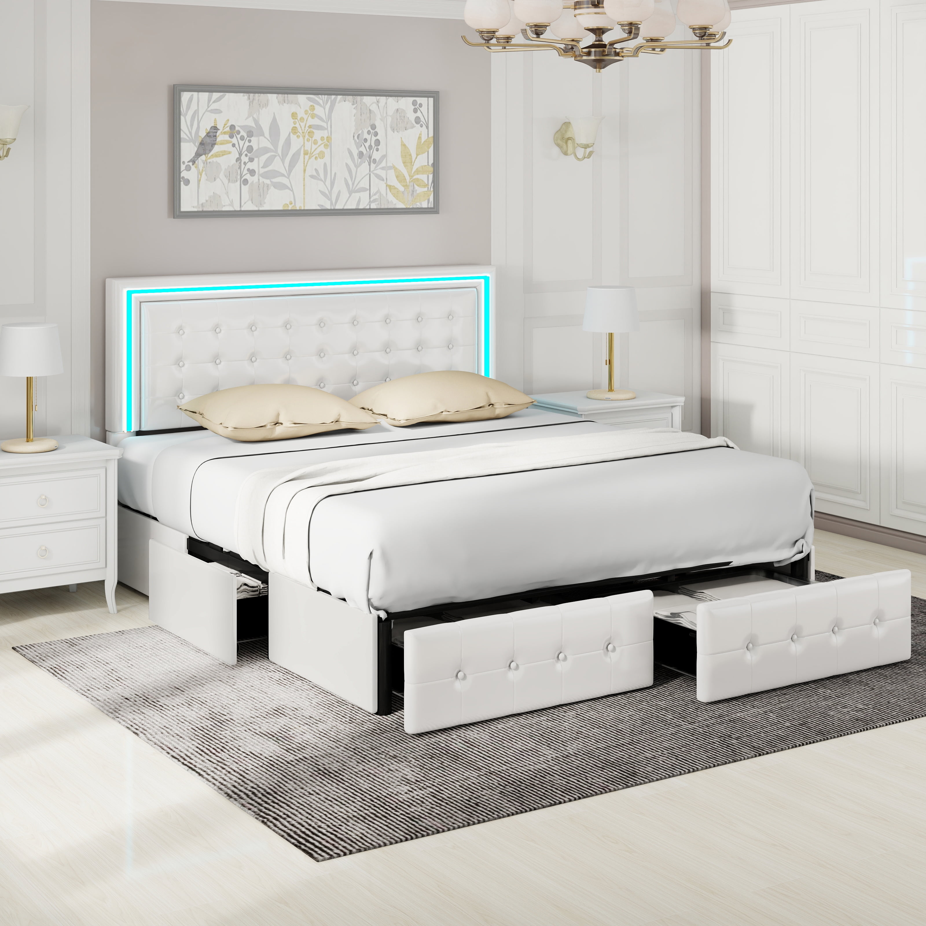 Queen Size Bed Frame King Size Led Bed Frame with 4 Storage Drawers ...