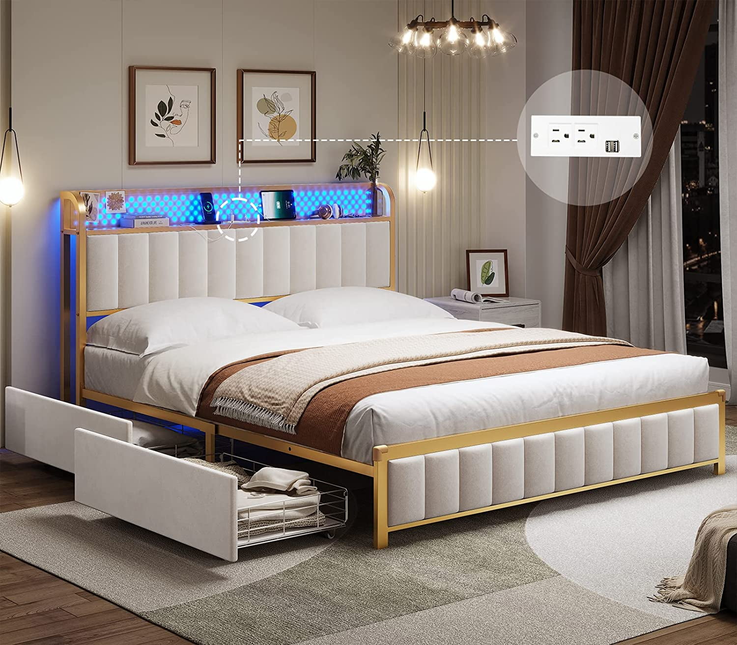 Queen Bed Frame with LED Lights, Charging Station, 4 Drawers ...