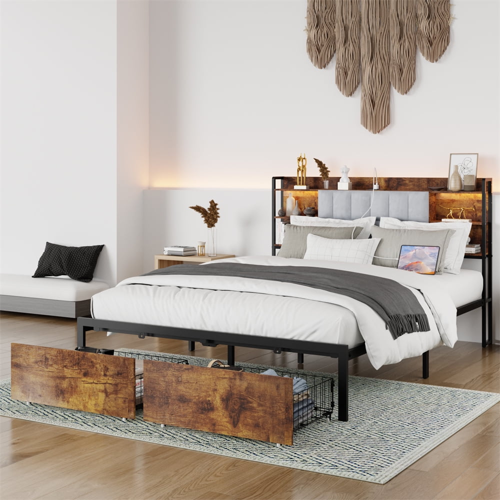 Queen Size Bed Frame with LED Lights Headboard and Charging Station ...