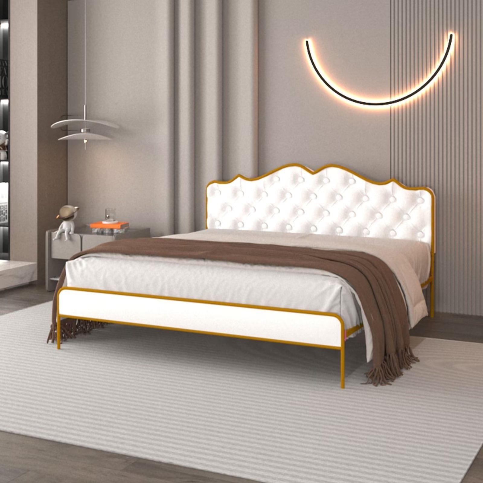 Queen Size Bed Frame, Leather Upholstered Platform Bed Frame with ...