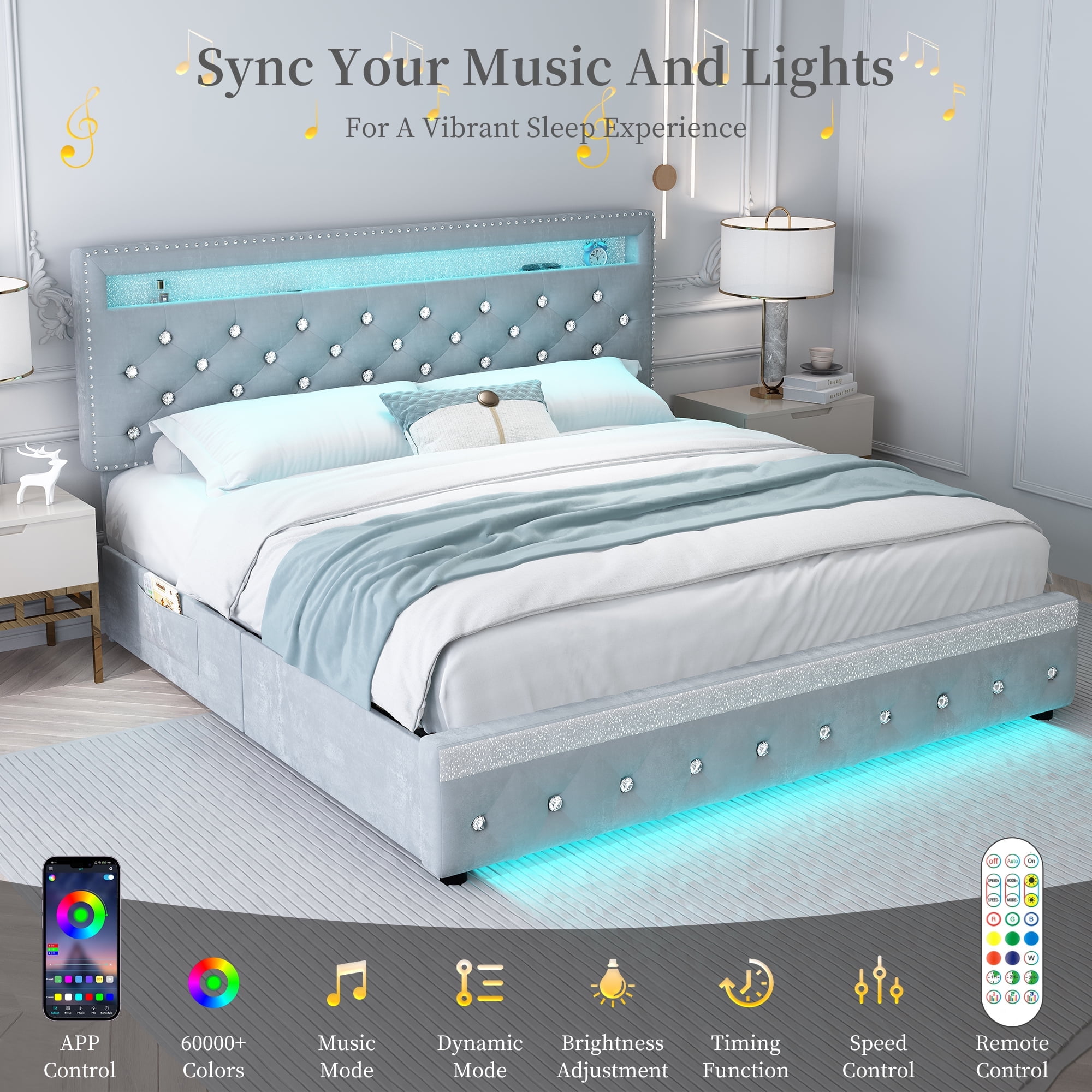 SIBEDS Queen LED Bed Frame with Adjustable Headboard, Storage Drawers ...