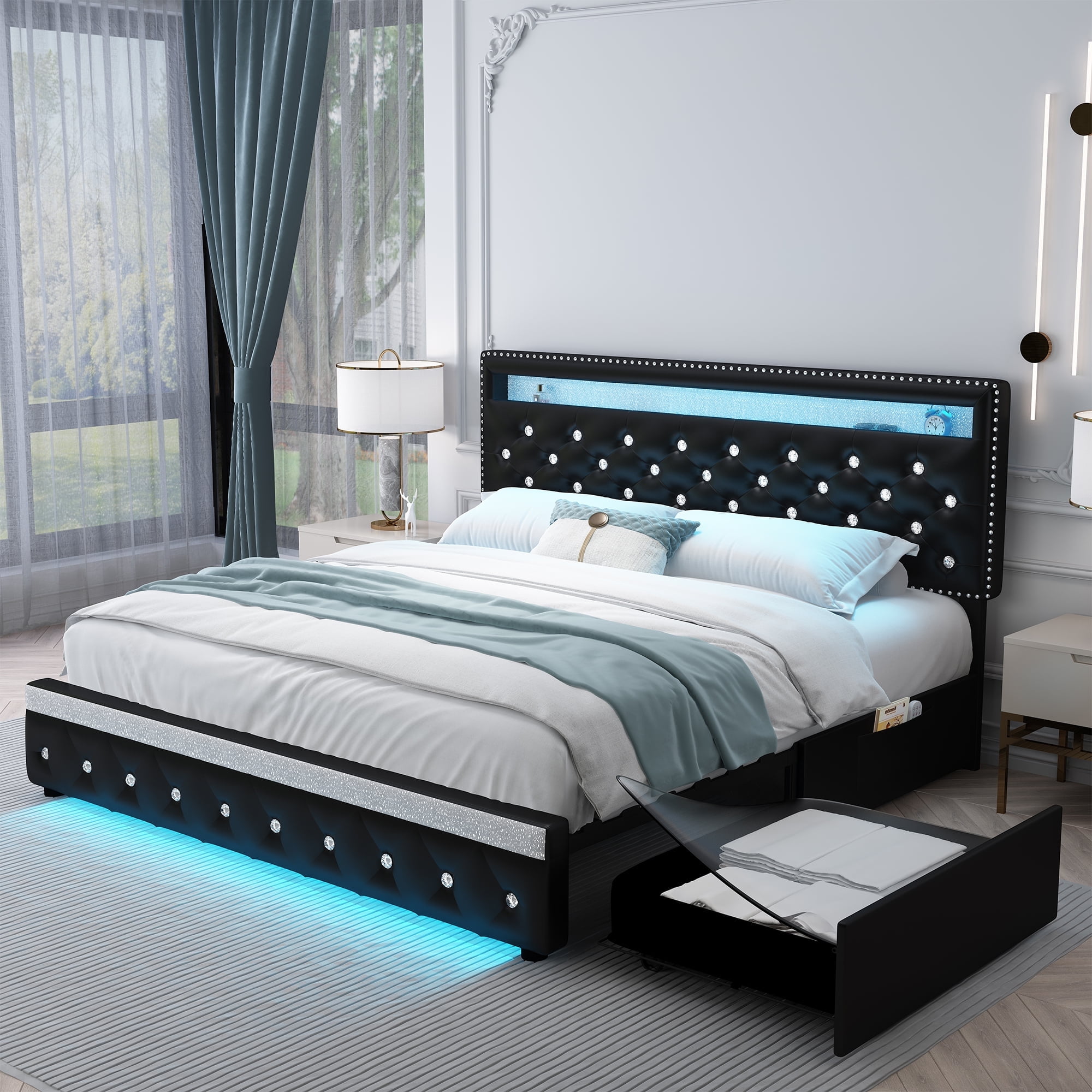 SIBEDS Queen LED Bed Frame with Adjustable Headboard, Storage Drawers ...