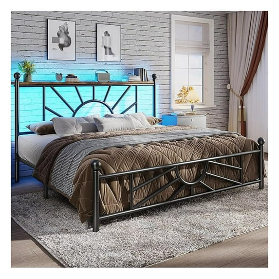 Queen Size Bed Frame Metal Platform with Headboard & LED Light, Bed ...