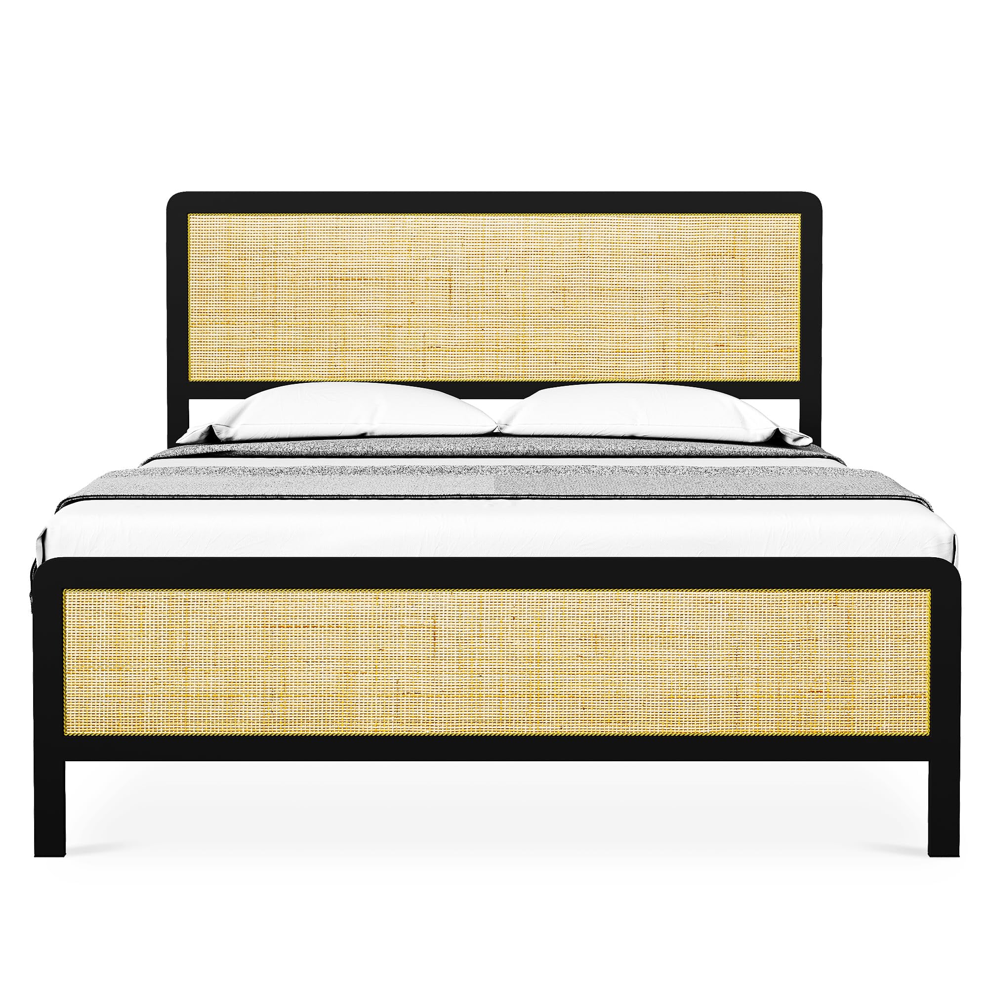 Queen Size Bed Frame with Natural Rattan Headboard, Bohemian Platform Bed Frame with Strong ...