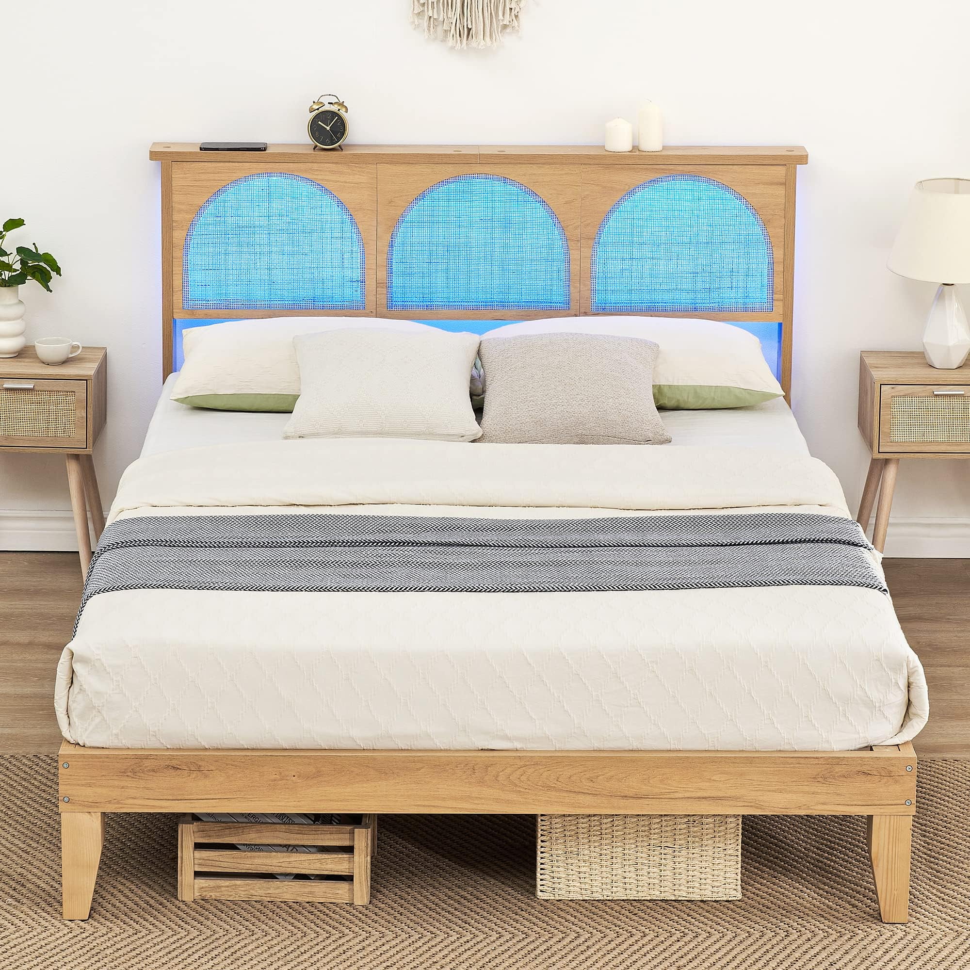 Queen Size Bed Frame with Natural Rattan Headboard, Platform Bed Frame ...