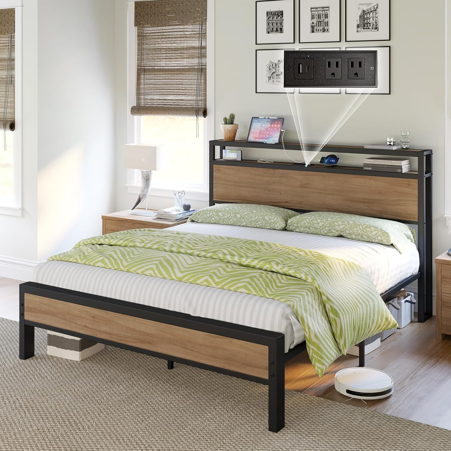Queen Size Bed Frame, Platform Bed Frame with 2-Tier Storage Headboard ...
