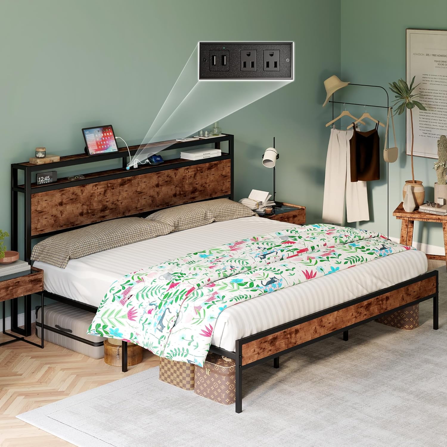 Queen Size Bed Frame, Platform Bed Frame with 2-Tier Storage Headboard ...