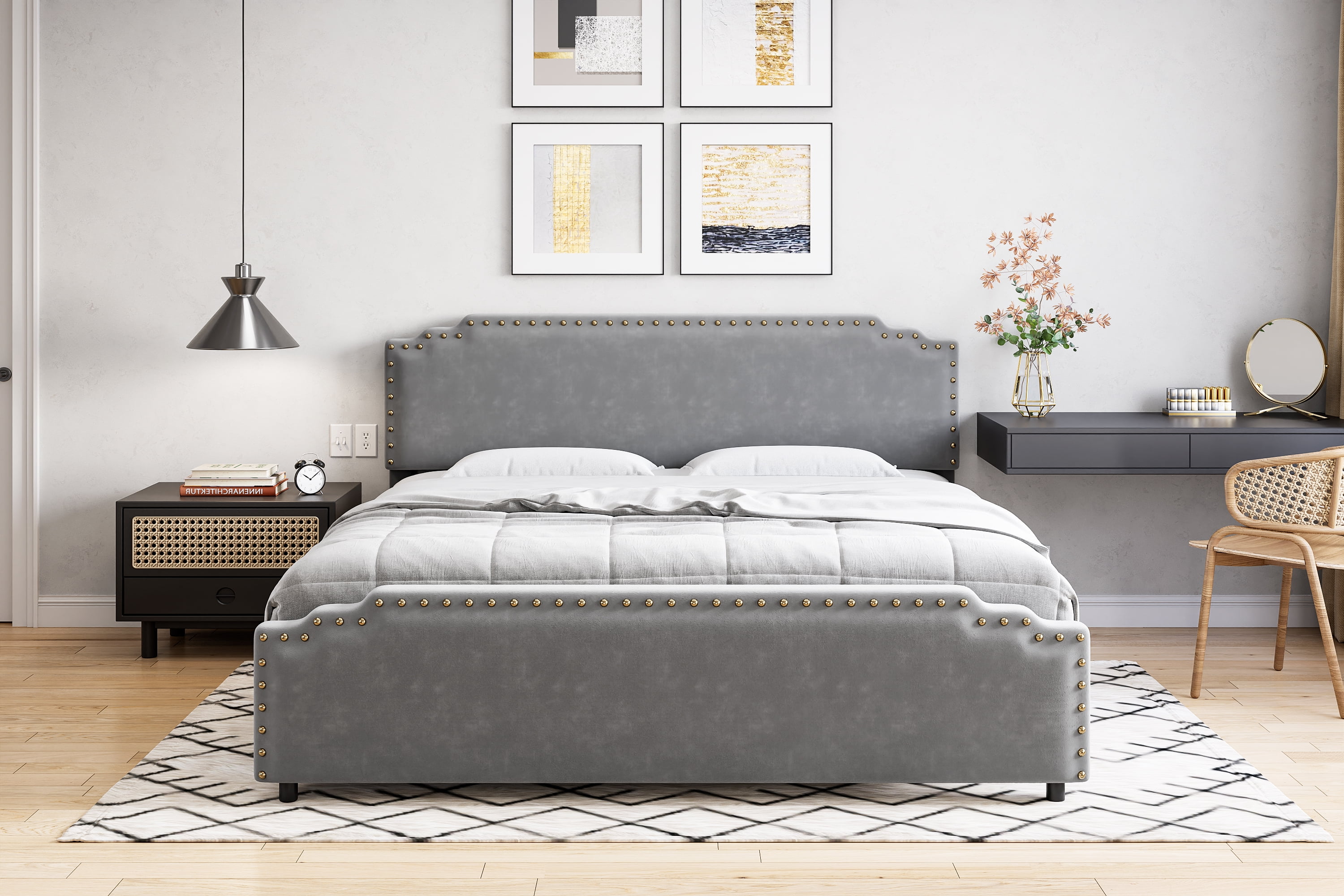 Full Size Bed Frame Platform Bed with Velvet Upholstered Headboard ...