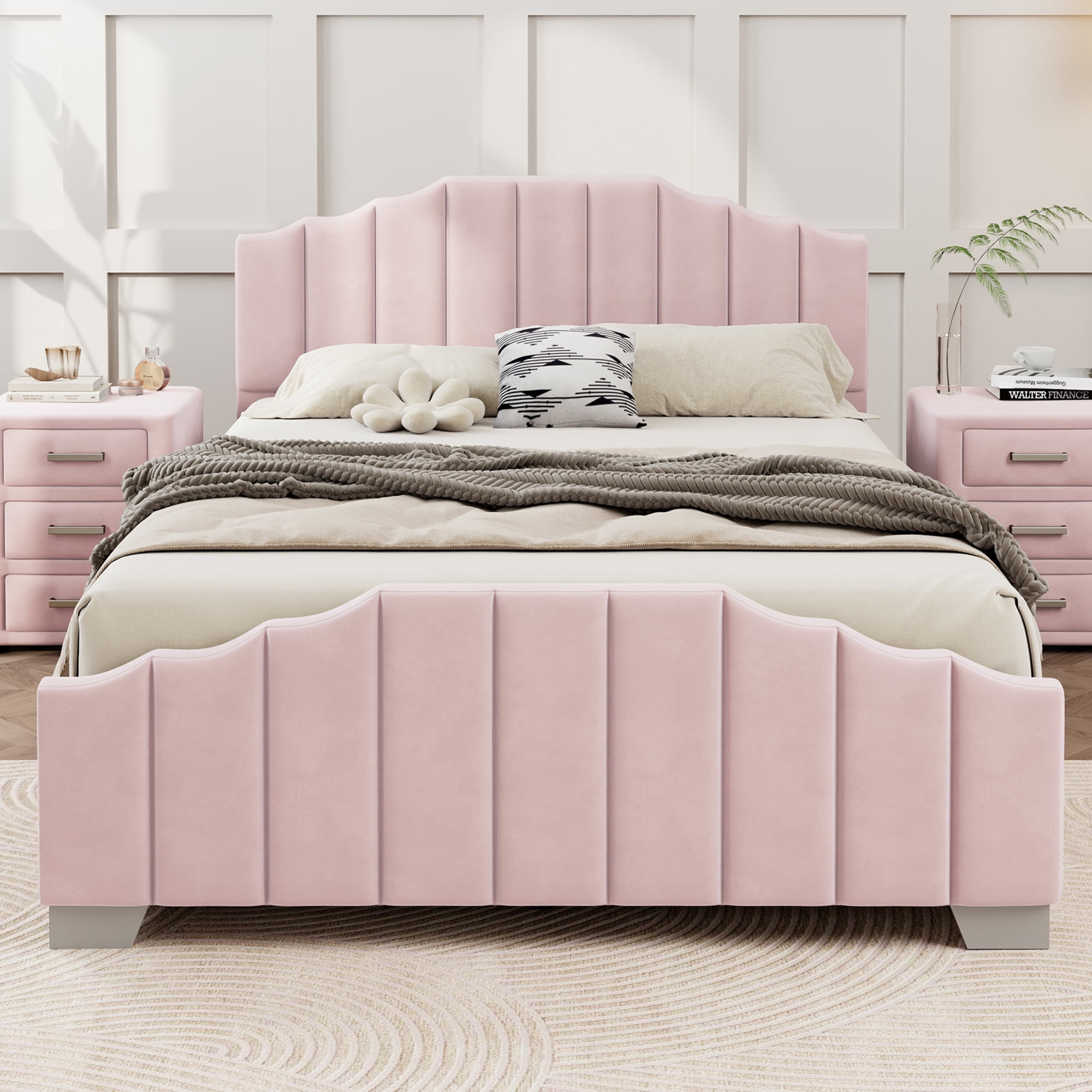 Queen Size Bed Frame Queen Size Velvet Upholstered Platform Bed ...