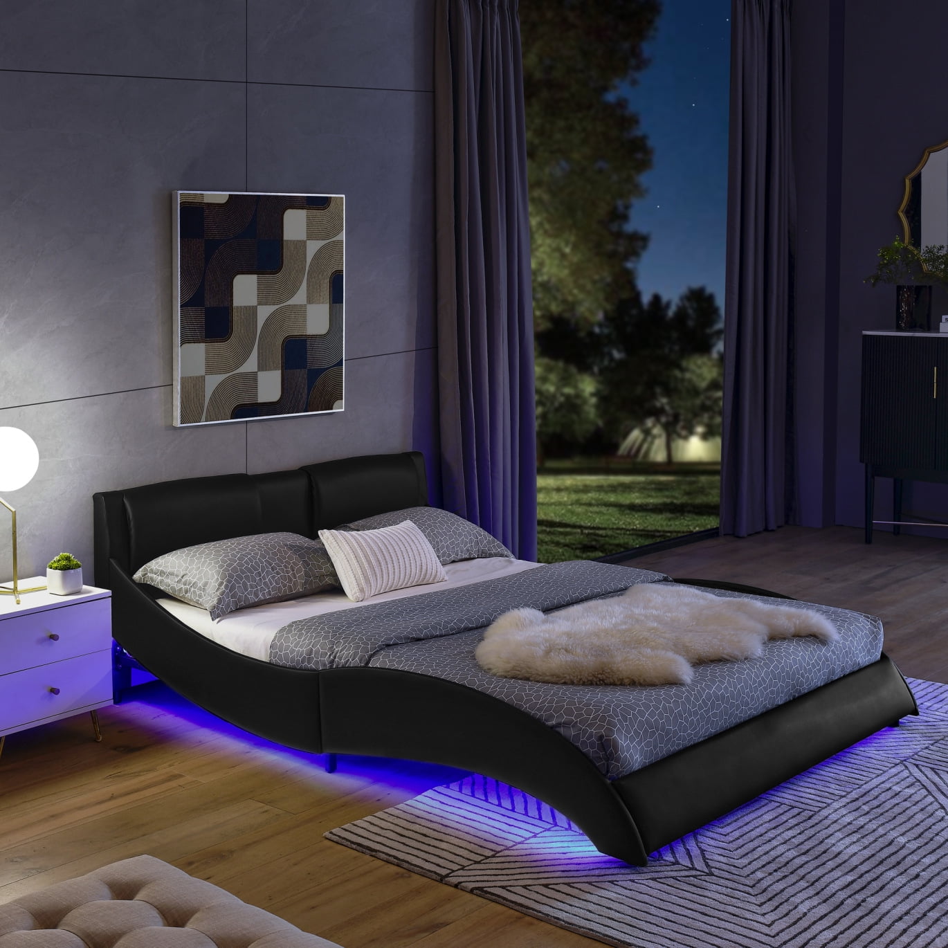 Queen Size Bed Frame with RGB LED and Headboard, Modern Faux Leather ...